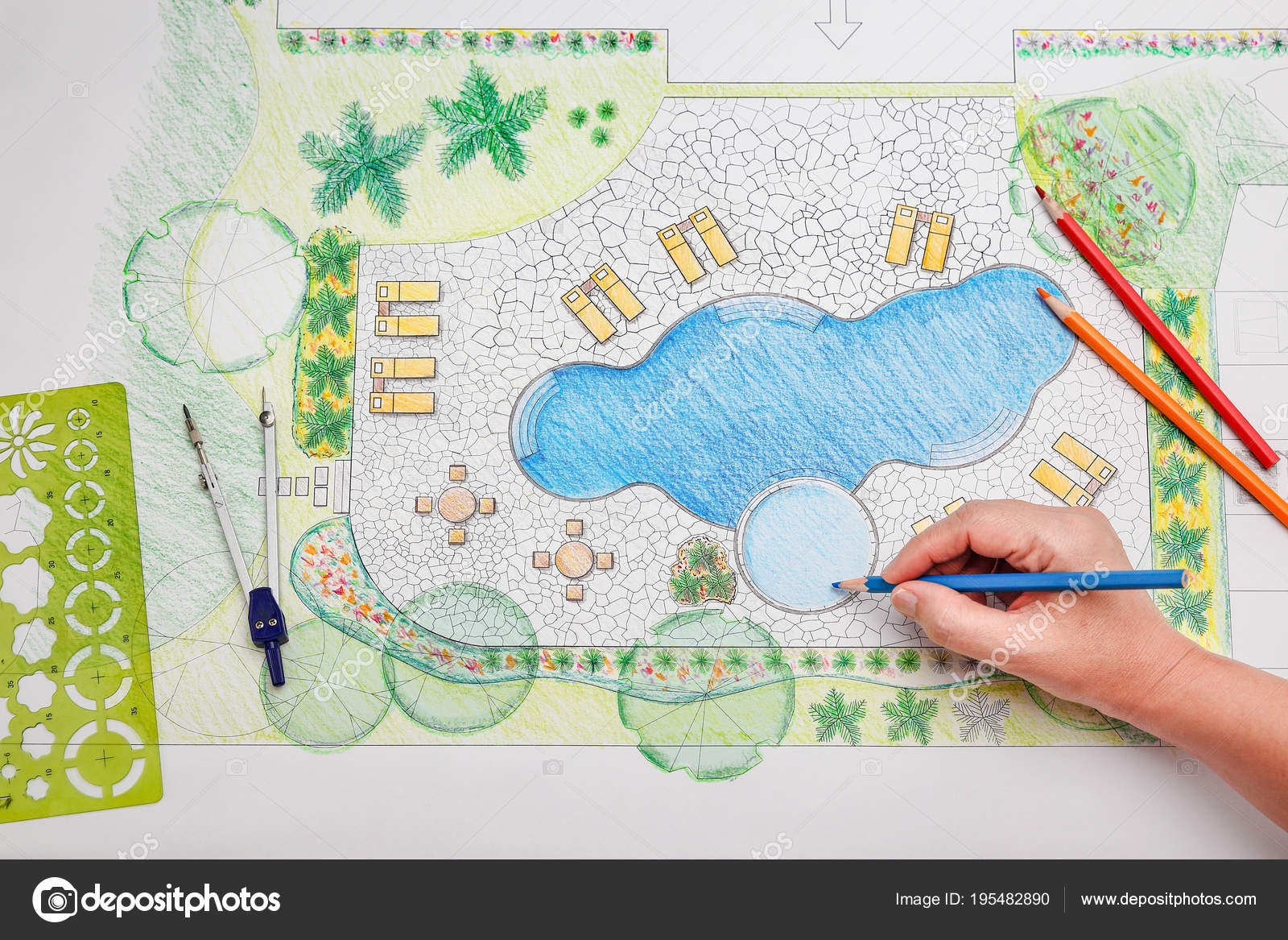 Landscape architect design backyard pool plan for resort — Stock Photo ...