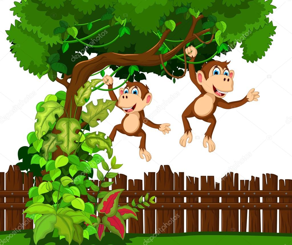 Happy monkey cartoon hinging in the tropical tree Stock Illustration by ...