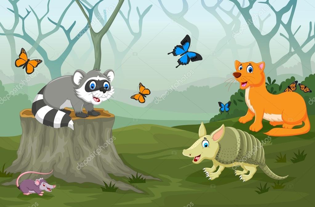 Funny animal with deep forest landscape background Stock Illustration ...