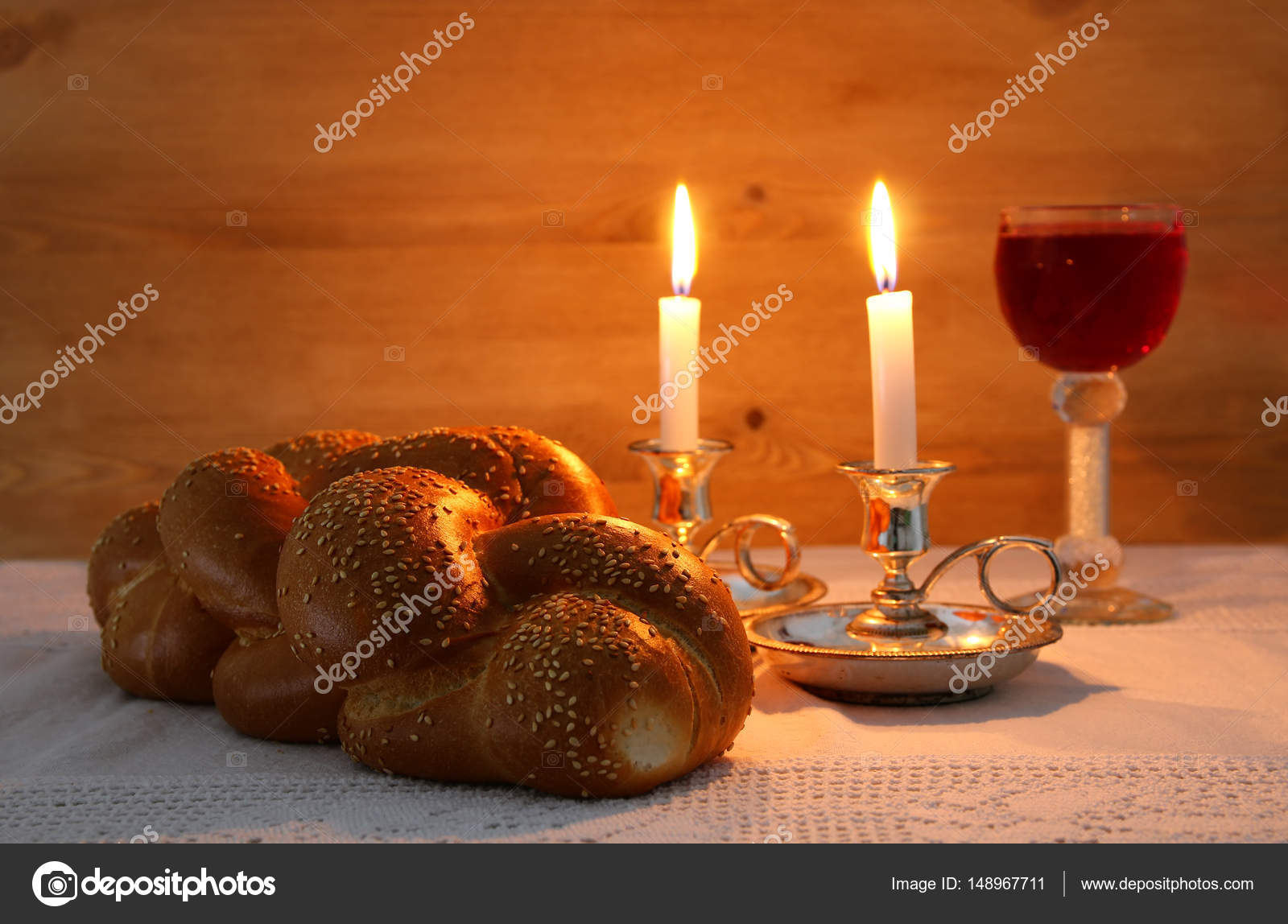 Shabbat image. challah bread, shabbat wine and candles — Stock Photo ...