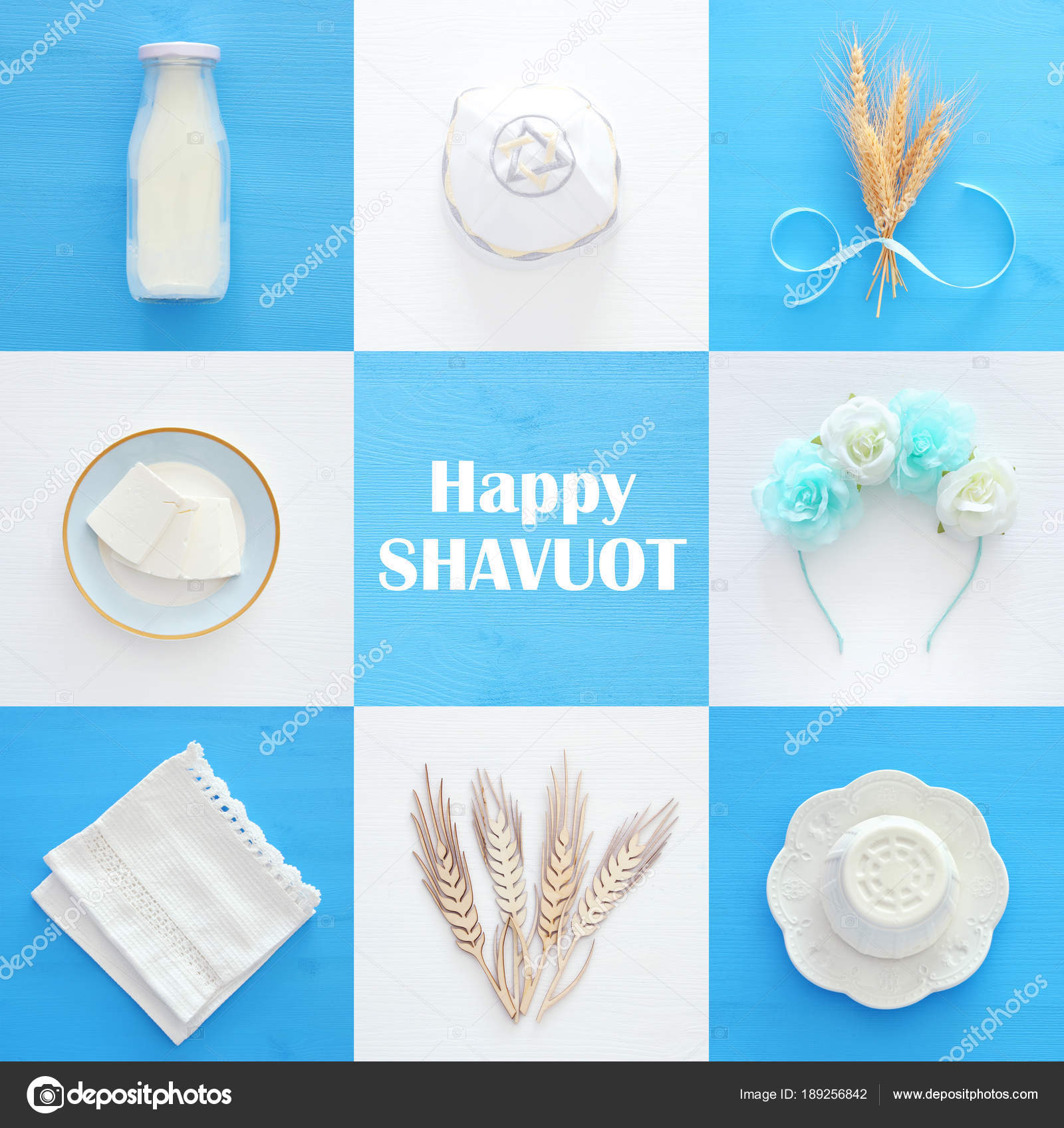 Top view collage image of dairy products. Symbols of jewish holiday ...