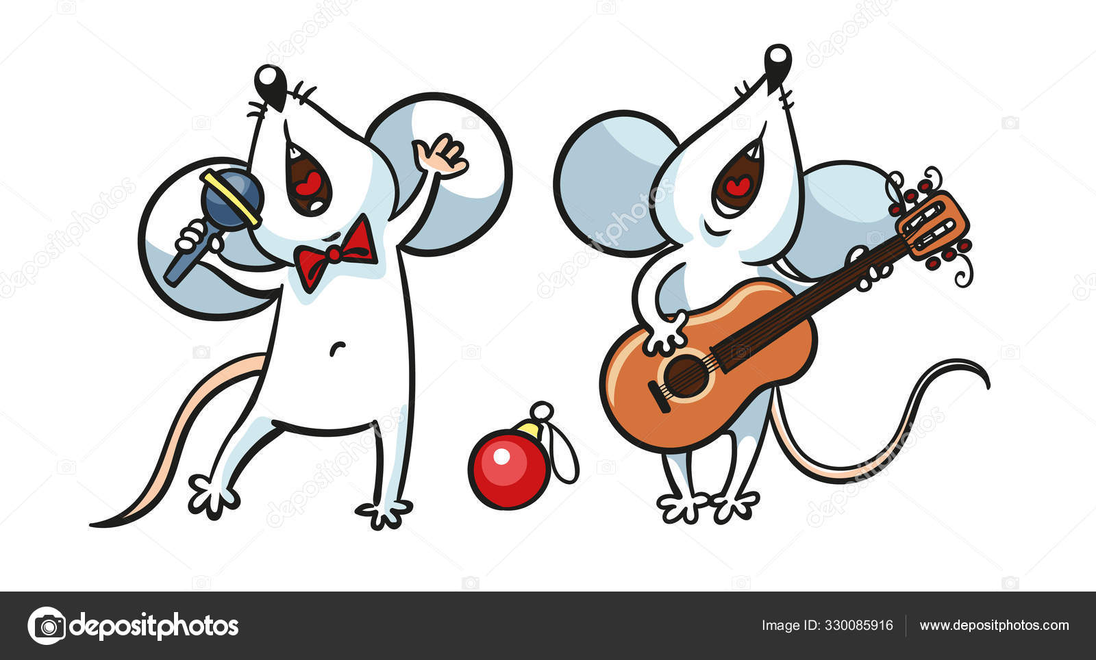 Two happy mice sing and play the guitar in a rock band. Animal cartoon ...