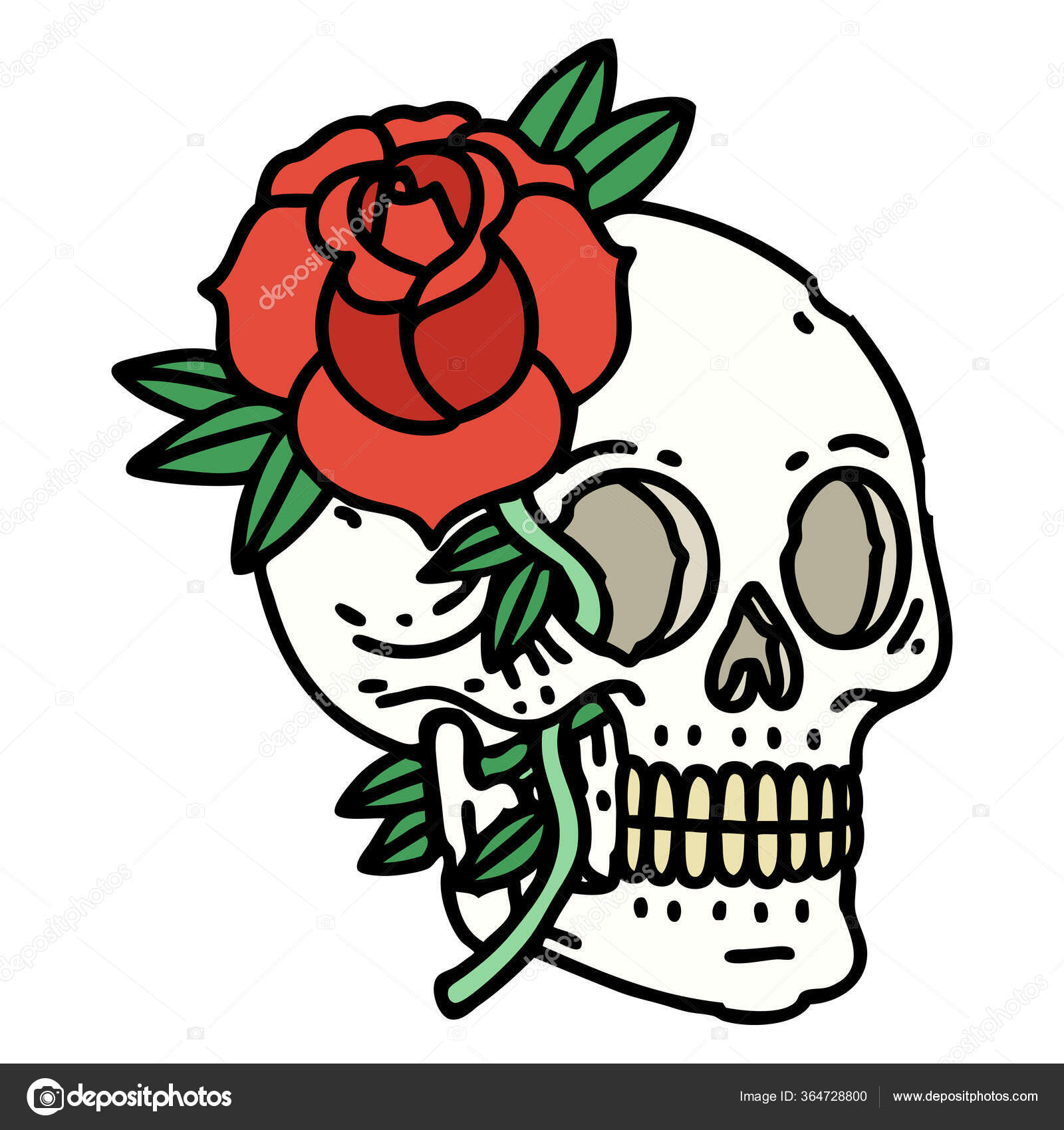 Traditional Rose And Skull Tattoo Outline