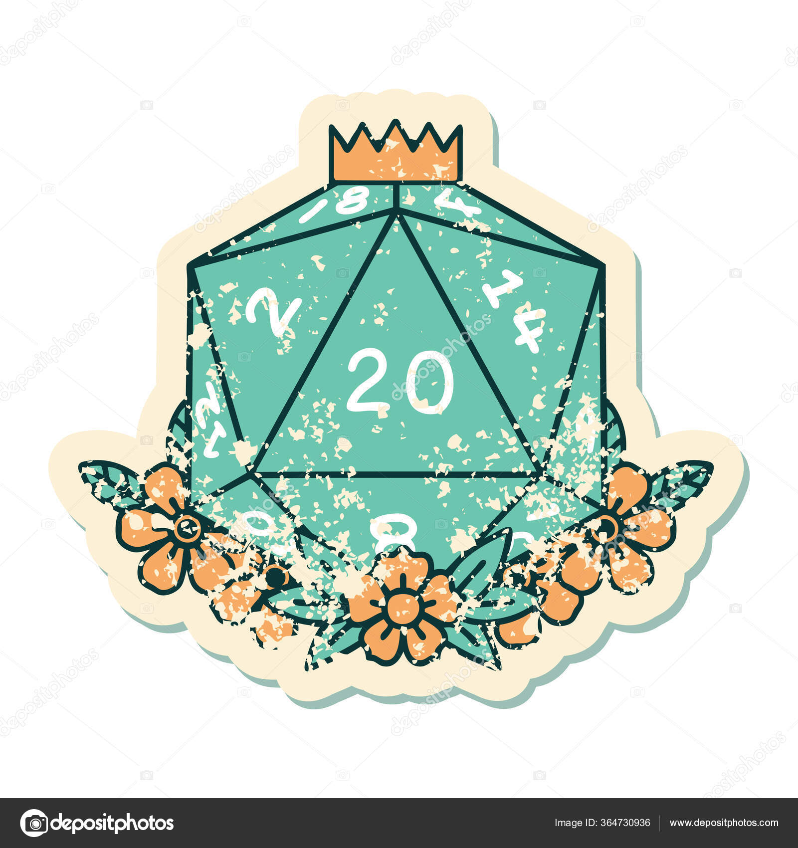 Grunge Sticker Natural D20 Dice Roll Floral Elements Stock Vector Image ...