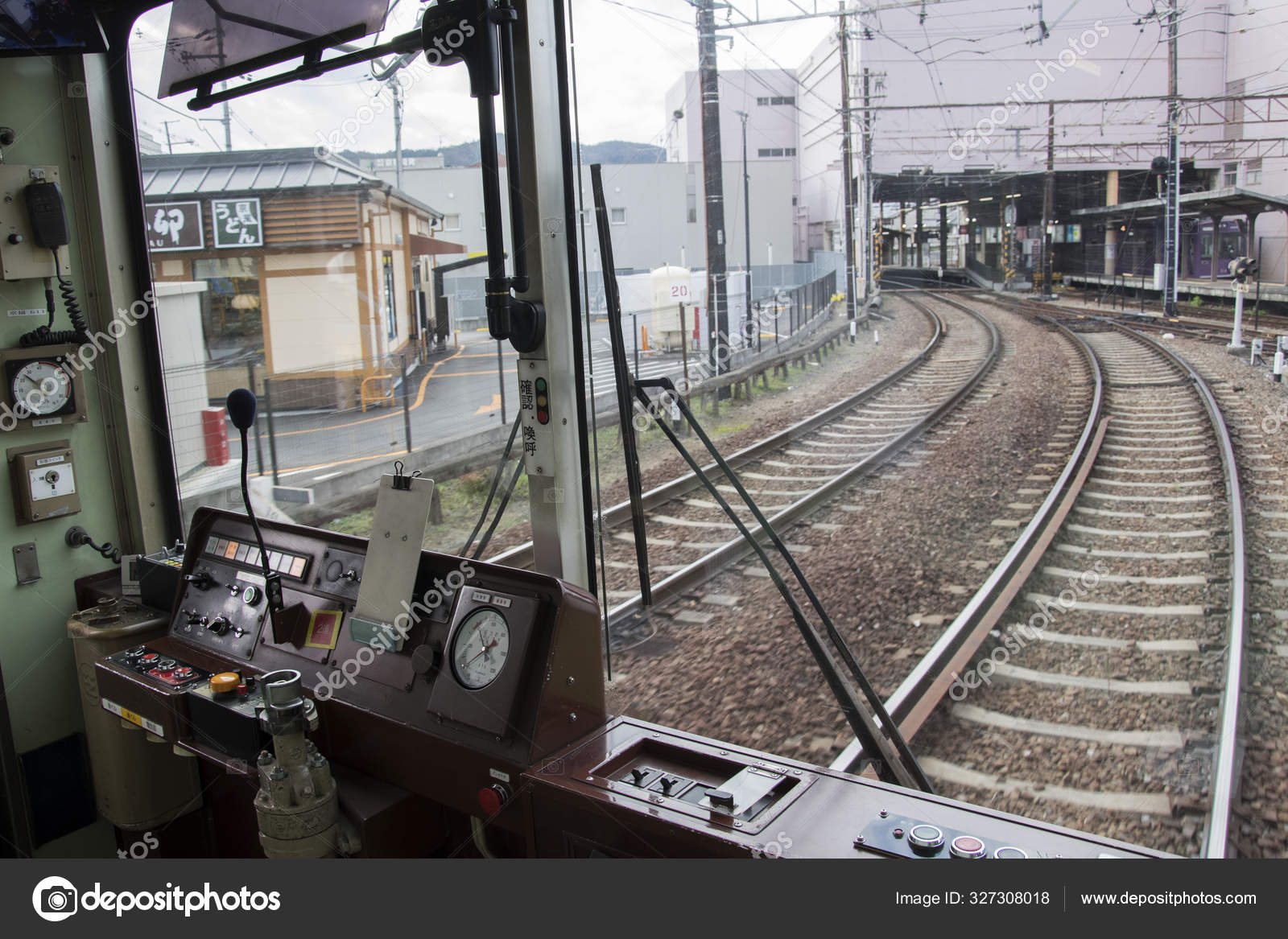 View from inside of retro-style tram of Randen Kitano Line in Ky ...