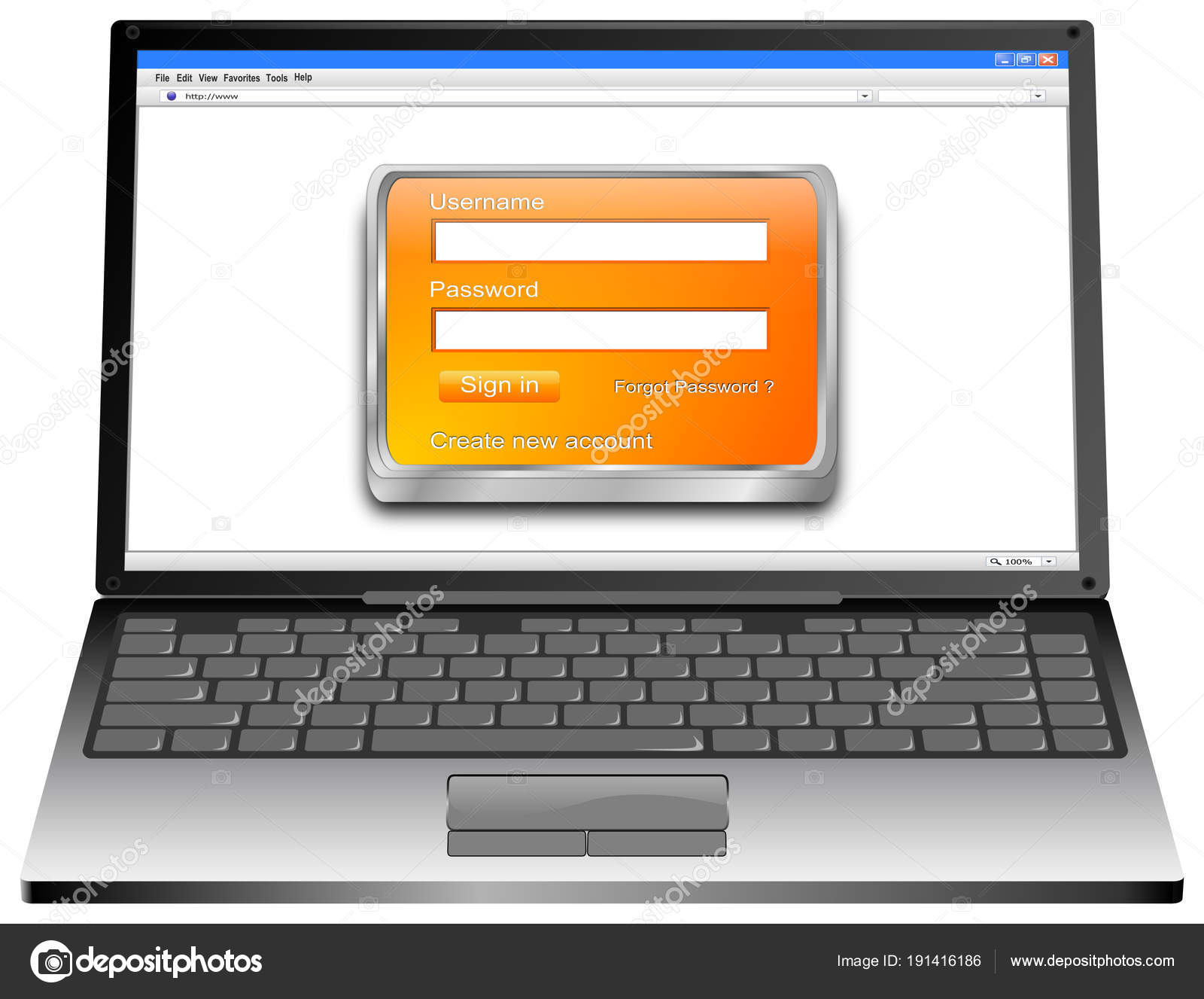 Laptop Computer Orange Login Screen White Desktop Illustration — Stock ...