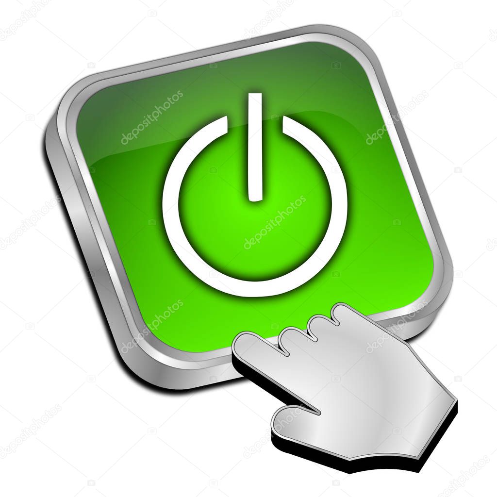 Botón de encendido verde con cursor - Ilustración 3D 2022