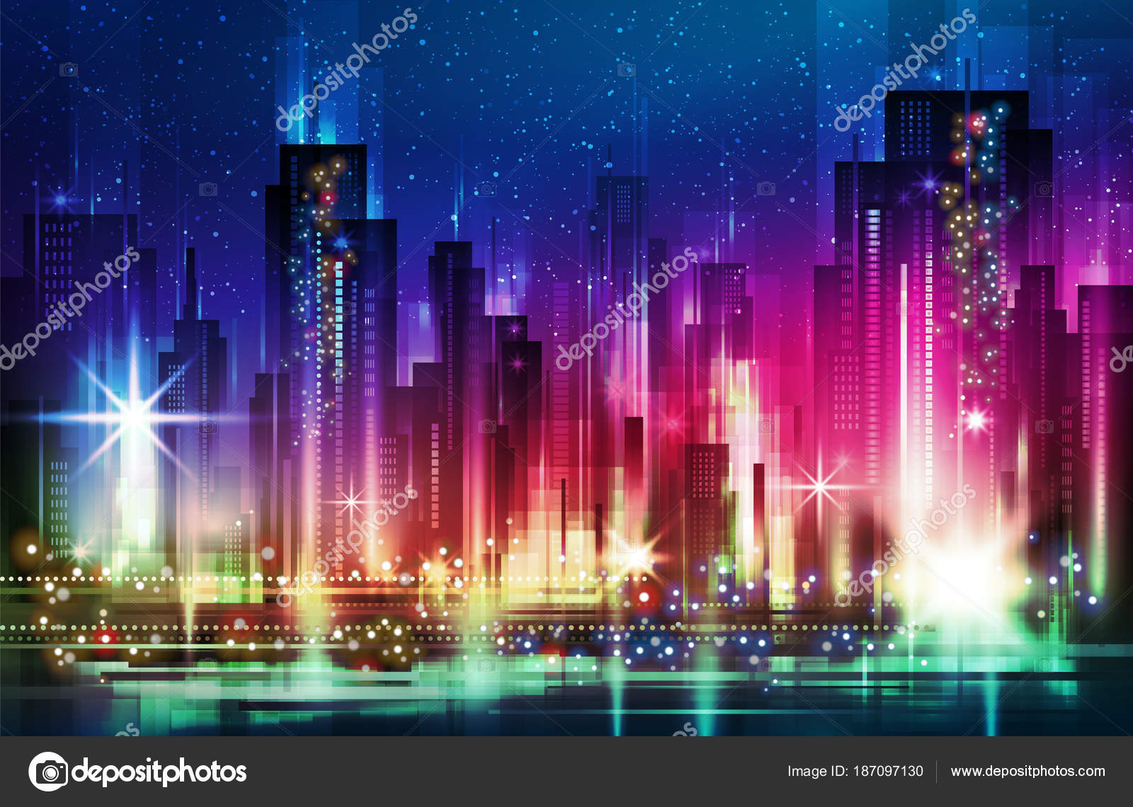 Vector night city illustration with neon glow and vivid colors. Stock ...