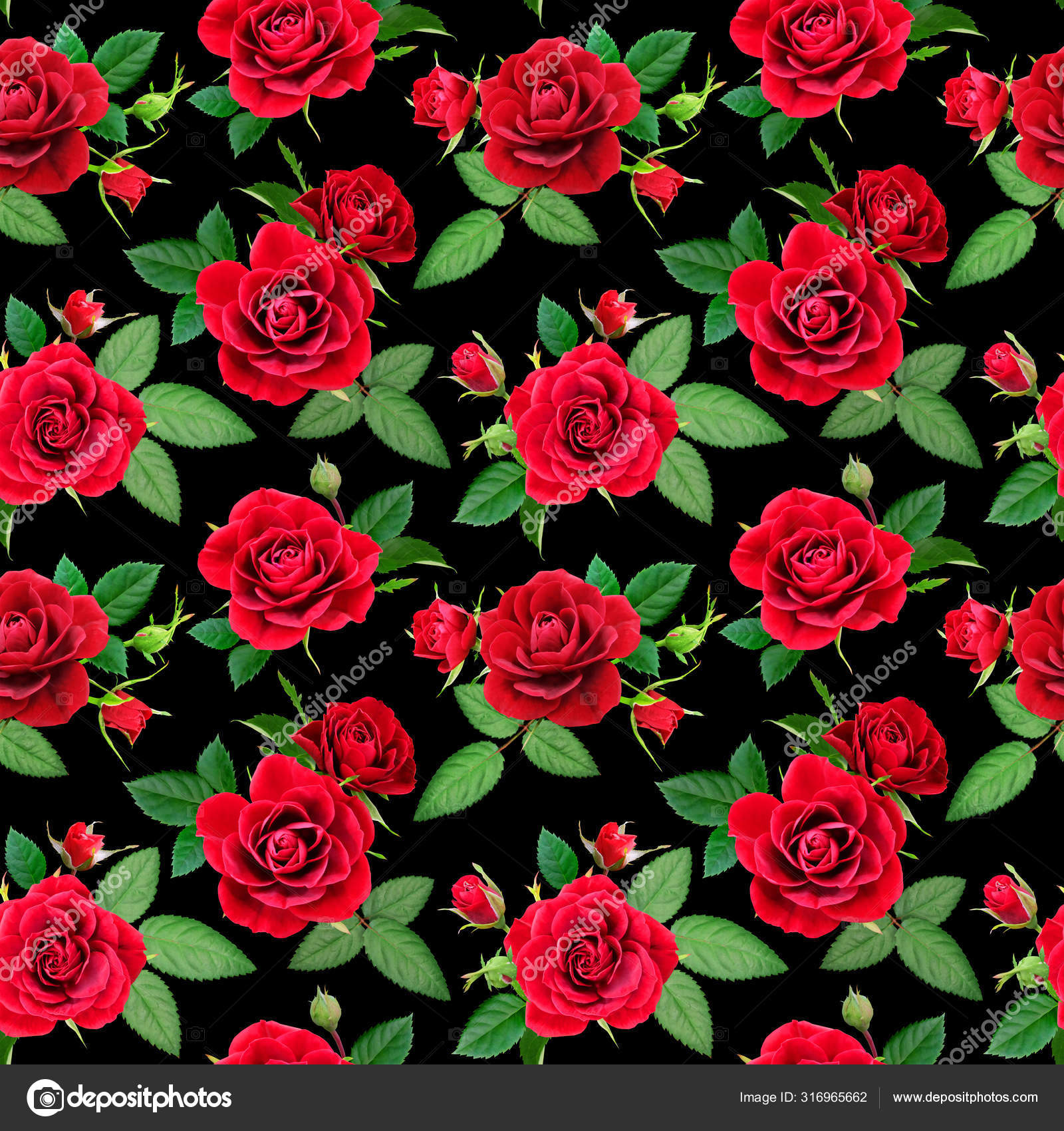 Seamless Pattern Red Roses Black Background Photorealistic Collage ...