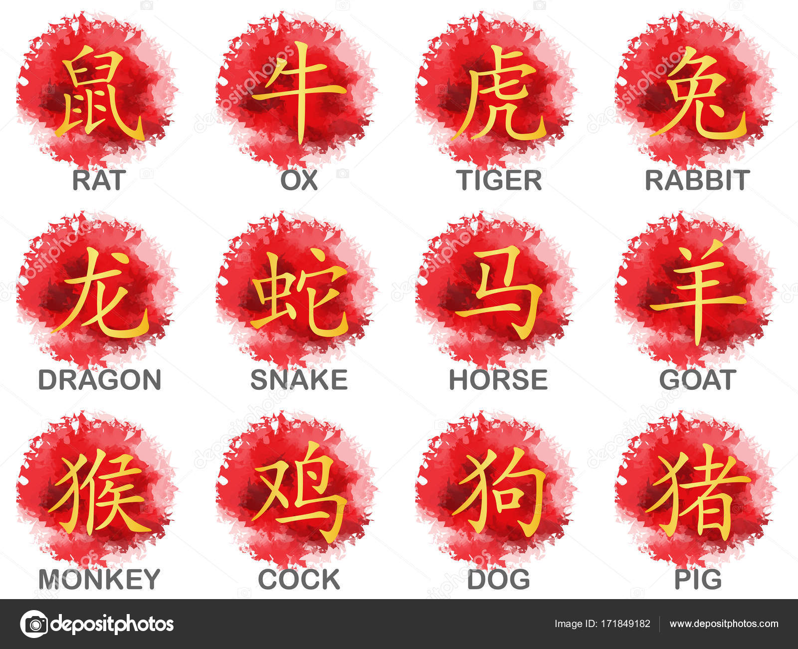 Twelve Golden Chinese word symbol of Zodiac calendar on Red watercolor ...