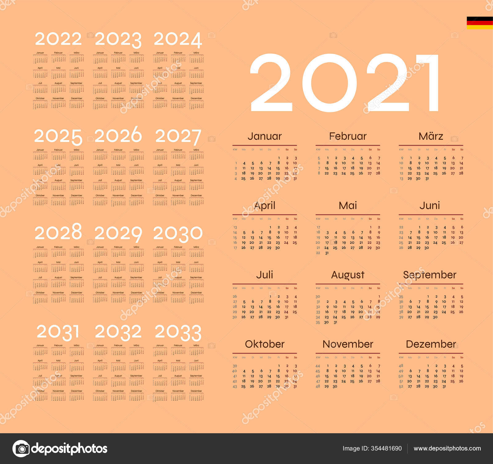 German Calendar 2021 Week Starts Monday — Stock Vector © tashechka ...