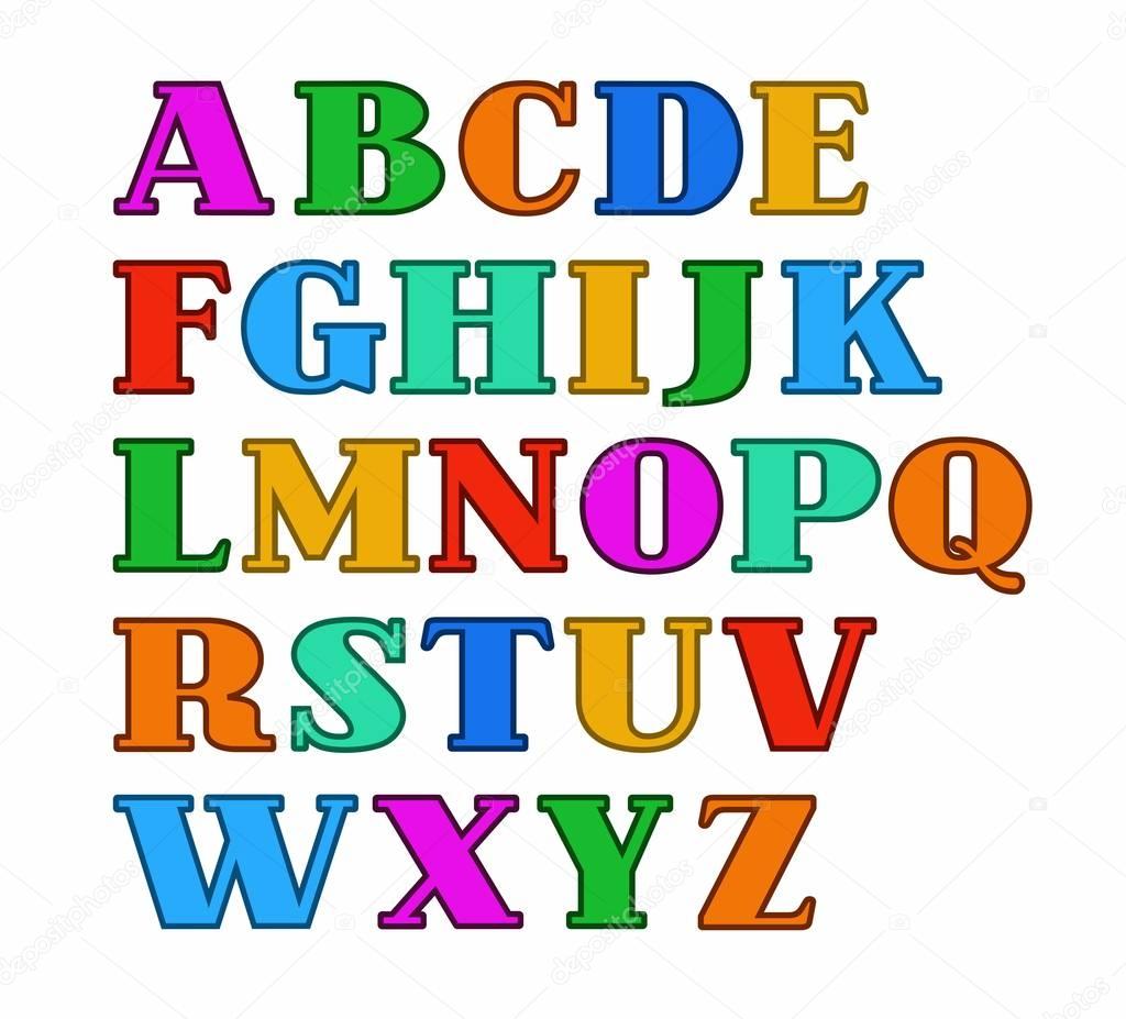 Alfabeto inglés, letras mayúsculas, coloreadas con un contorno delgado ...