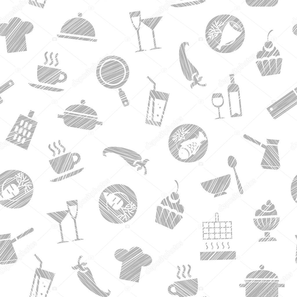 Cocinar, patr n sin costuras, blanco, vector. Platos y comida. Sombreado con un l piz gris en un ...