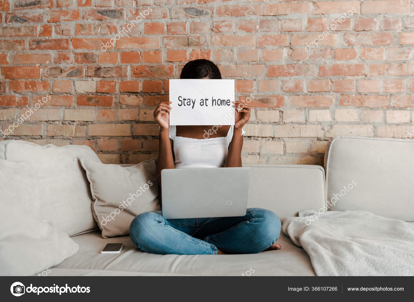 African American Freelancer Crossed Legs Laptop Showing Placard Stay ...