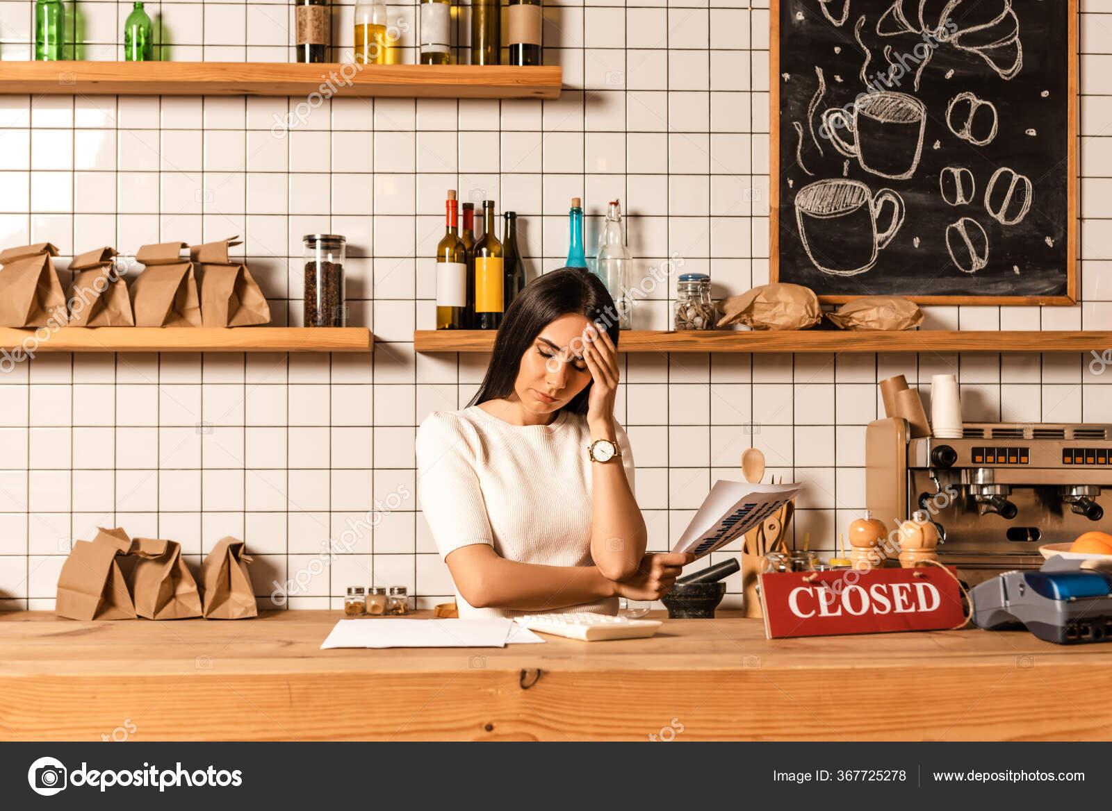 Stressed Cafe Owner Closed Eyes Holding Papers Table Calculator Card ⬇ ...