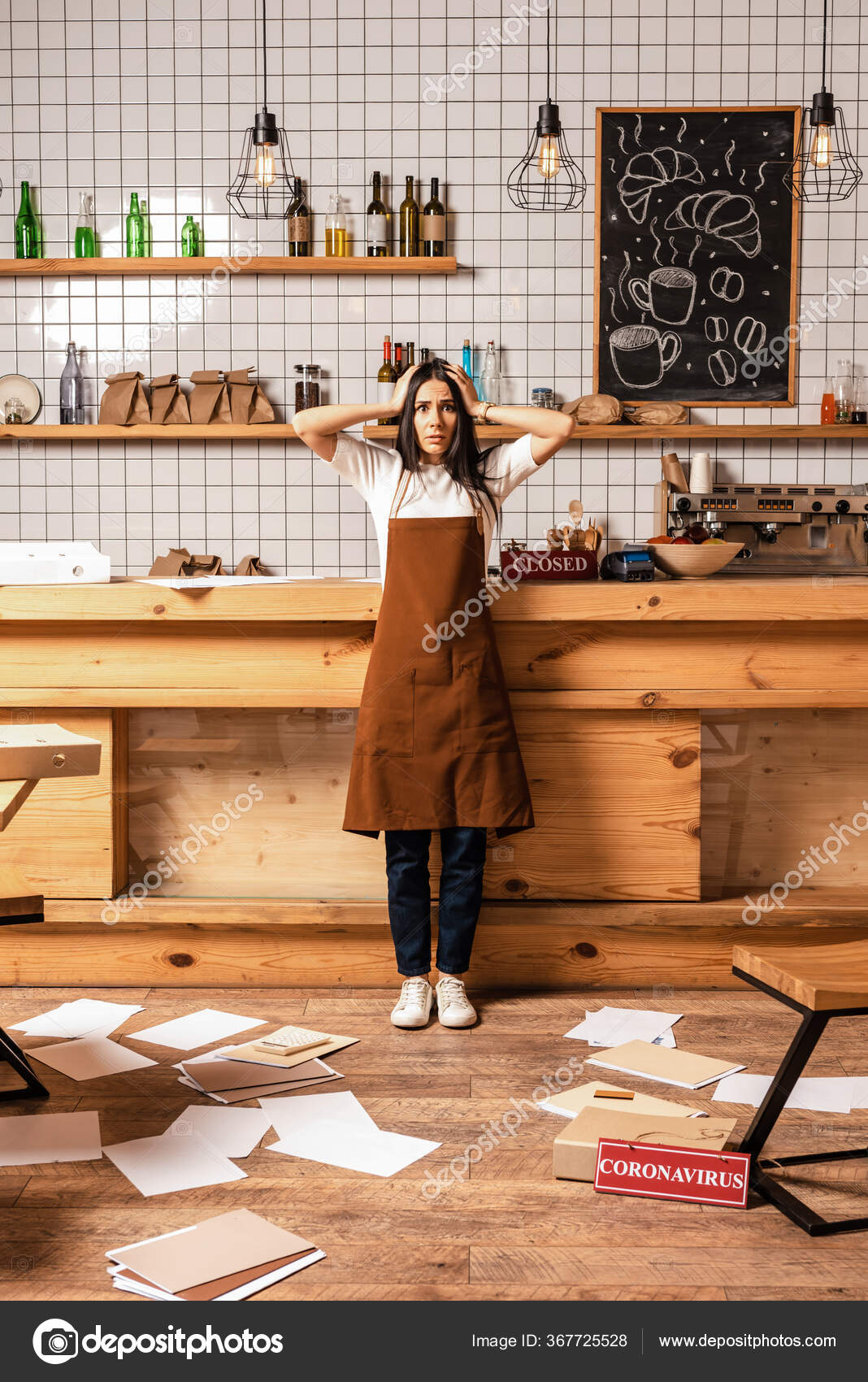 Stressed Cafe Owner Touching Head Looking Camera Table Papers Floor ...