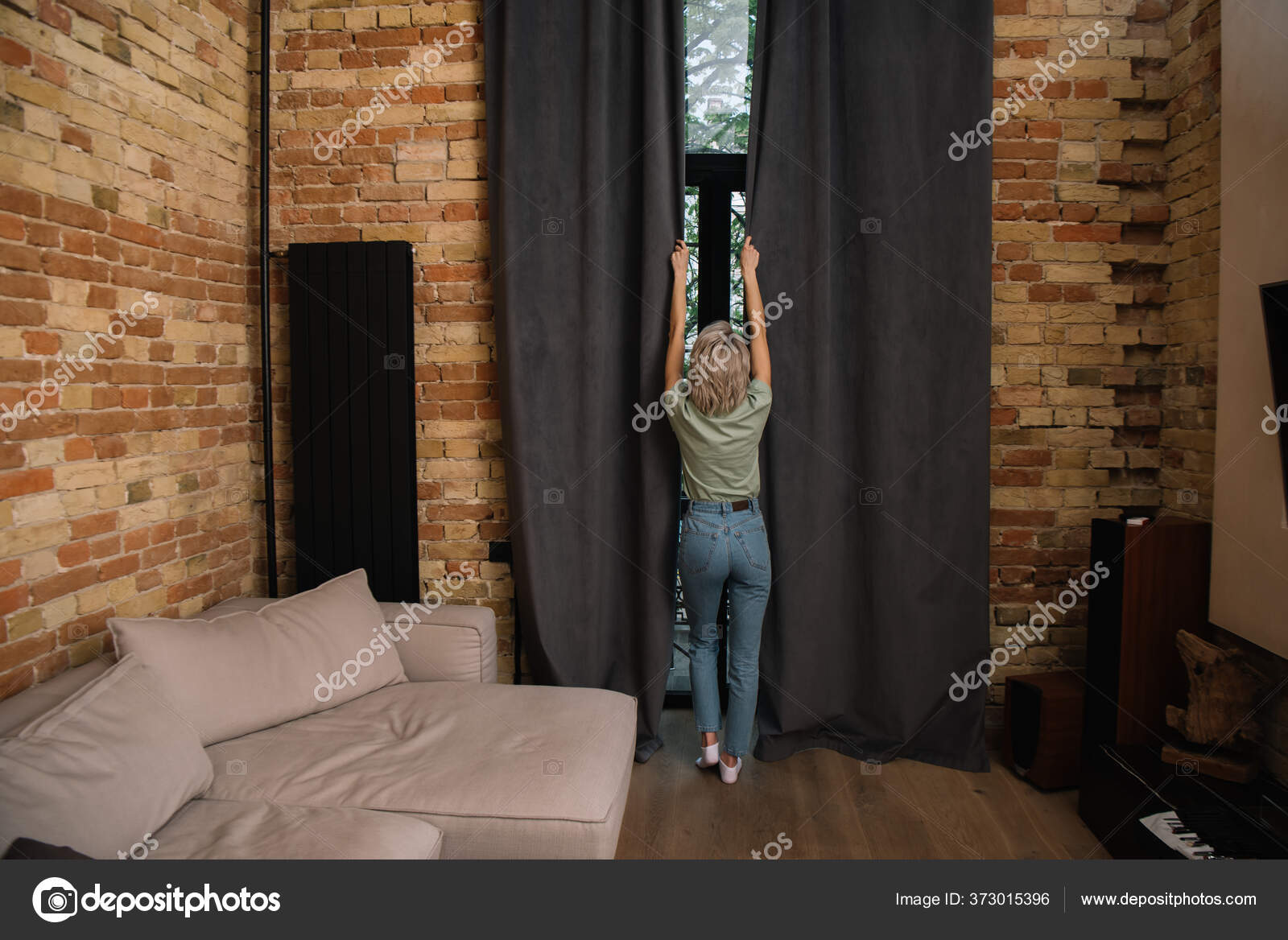 Back View Young Woman Blue Jeans Opening Window Curtains Bedroom Stock ...