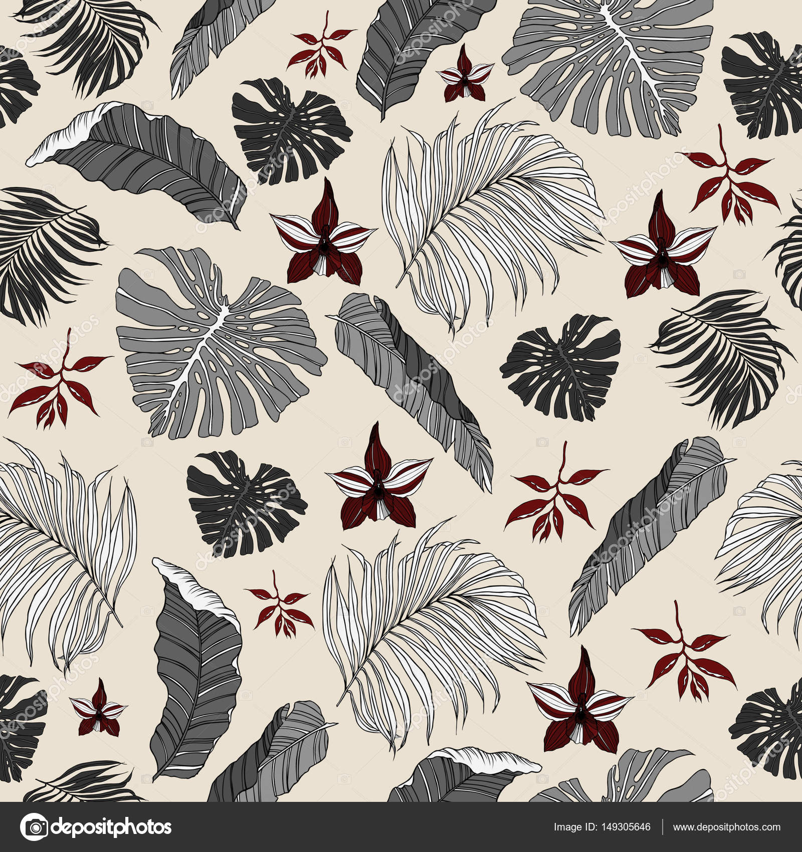 Seamless Pattern with tropical Jungle Leaves and Flowers Stock Photo by ...