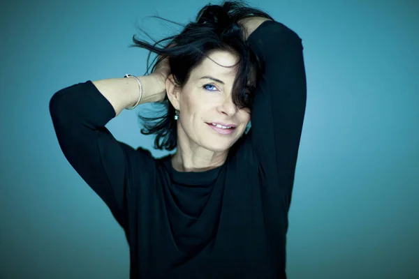 Stunning Beautiful Self Confident Middle Aged Woman Black Hair Smiling ... Stunning Beautiful Self Confident Middle Aged Woman Black Hair Smiling ...