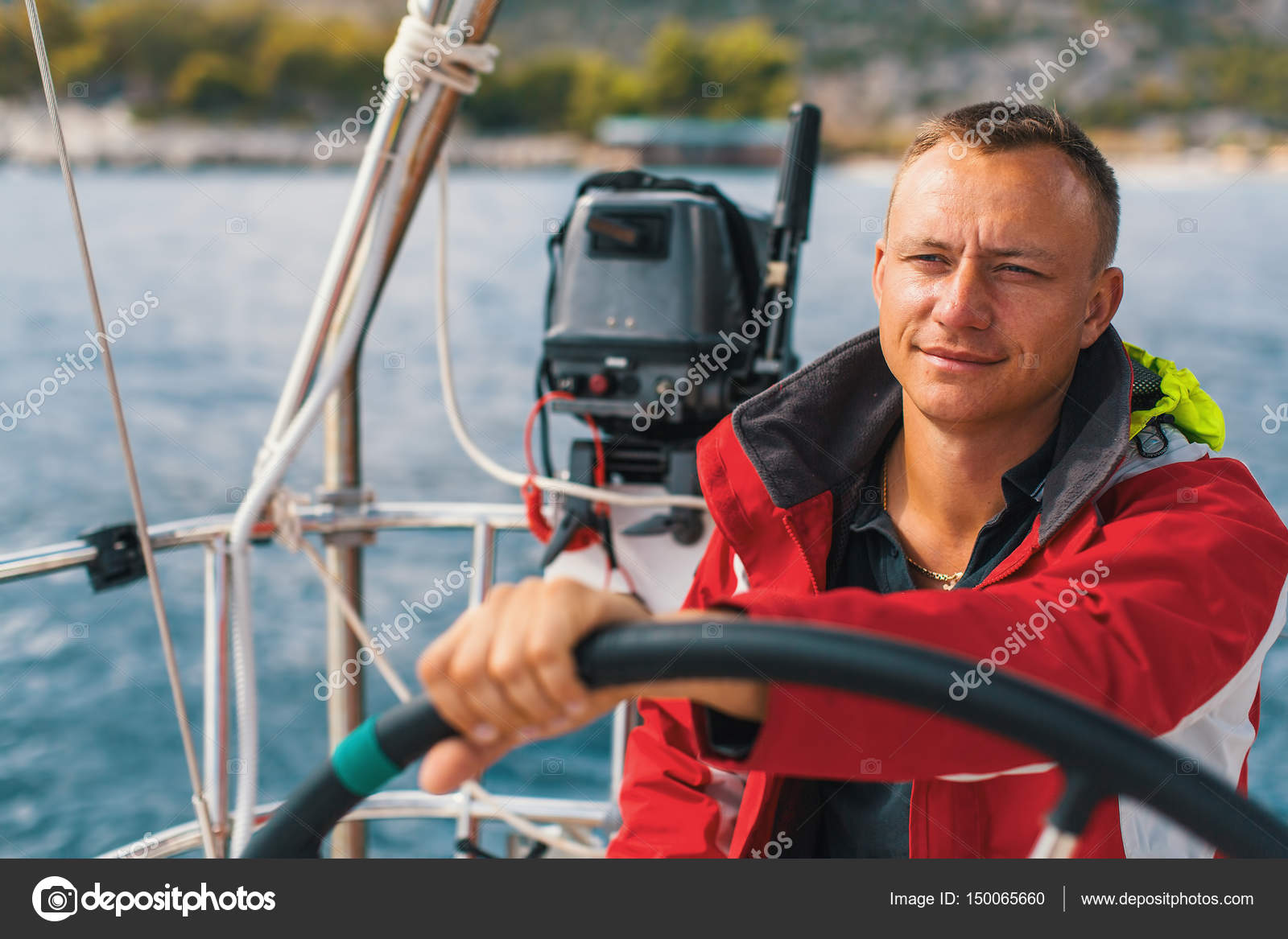 Sailor at helm of his sailing yacht — Stock Photo © dimaberkut #150065660