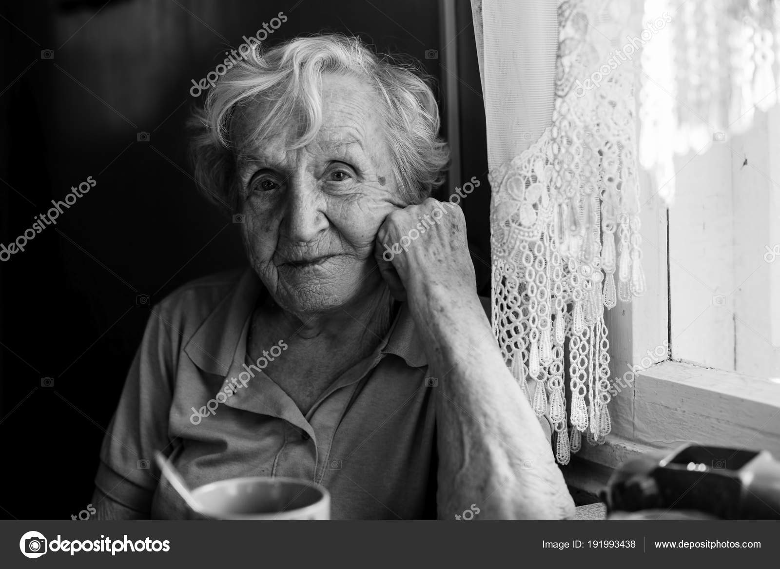 Portrait Elderly Woman Sitting Table Stock Photo by ©dimaberkut 191993438