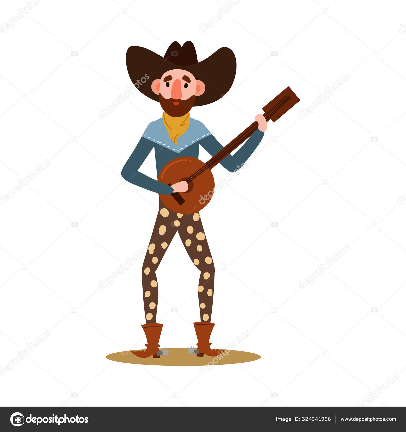 Funny American cowboy in a yellow bandana plays on the banjo. Vector ...