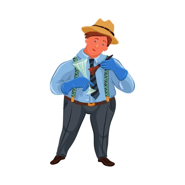 A classic fat detective in a brown hat collects evidence into a bag ...