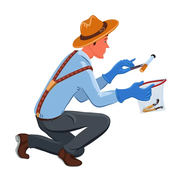 A classic fat detective in a brown hat collects evidence into a bag ...