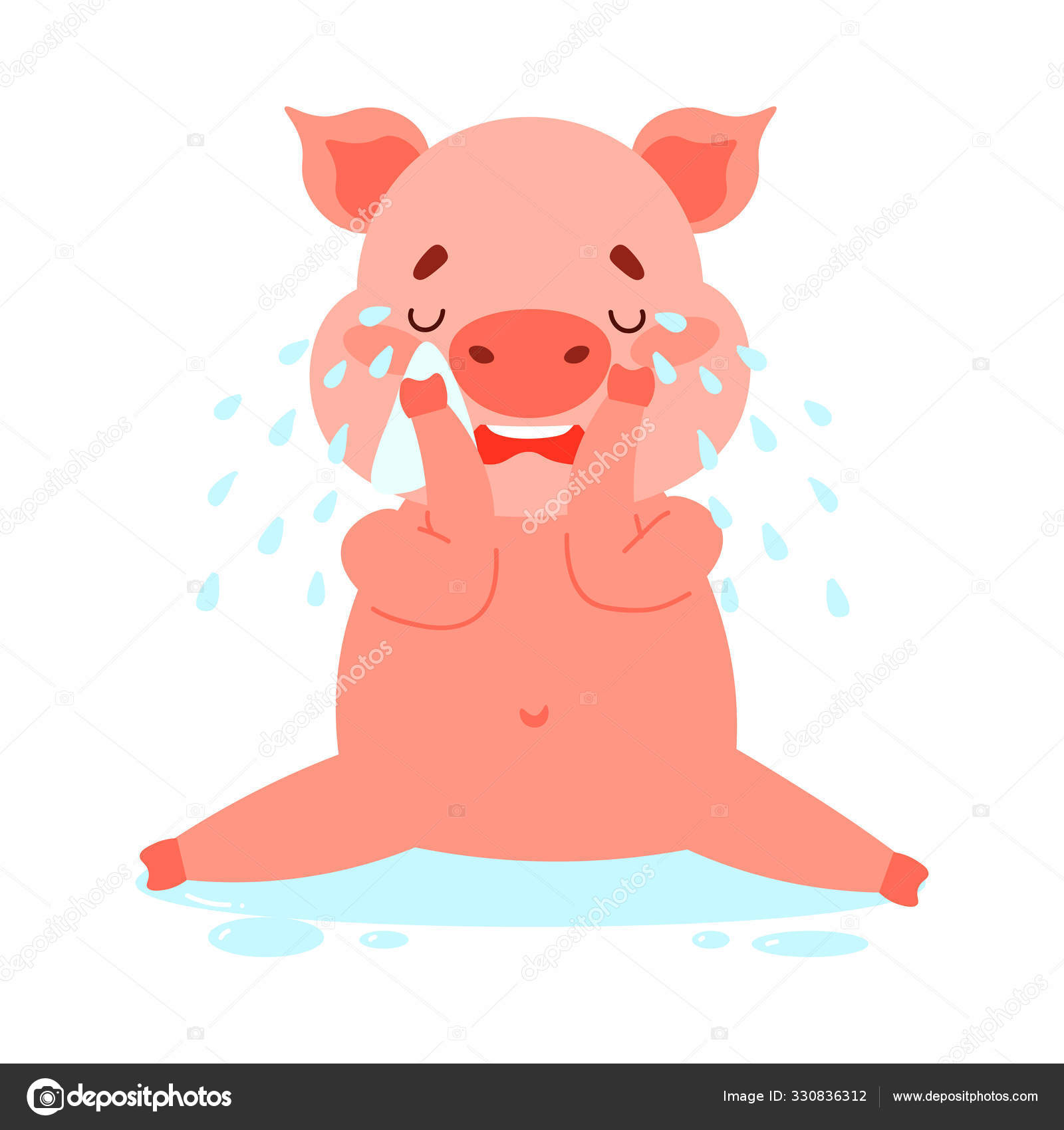 Lindo personaje de lechón rosa llorando sentado en lágrimas ...