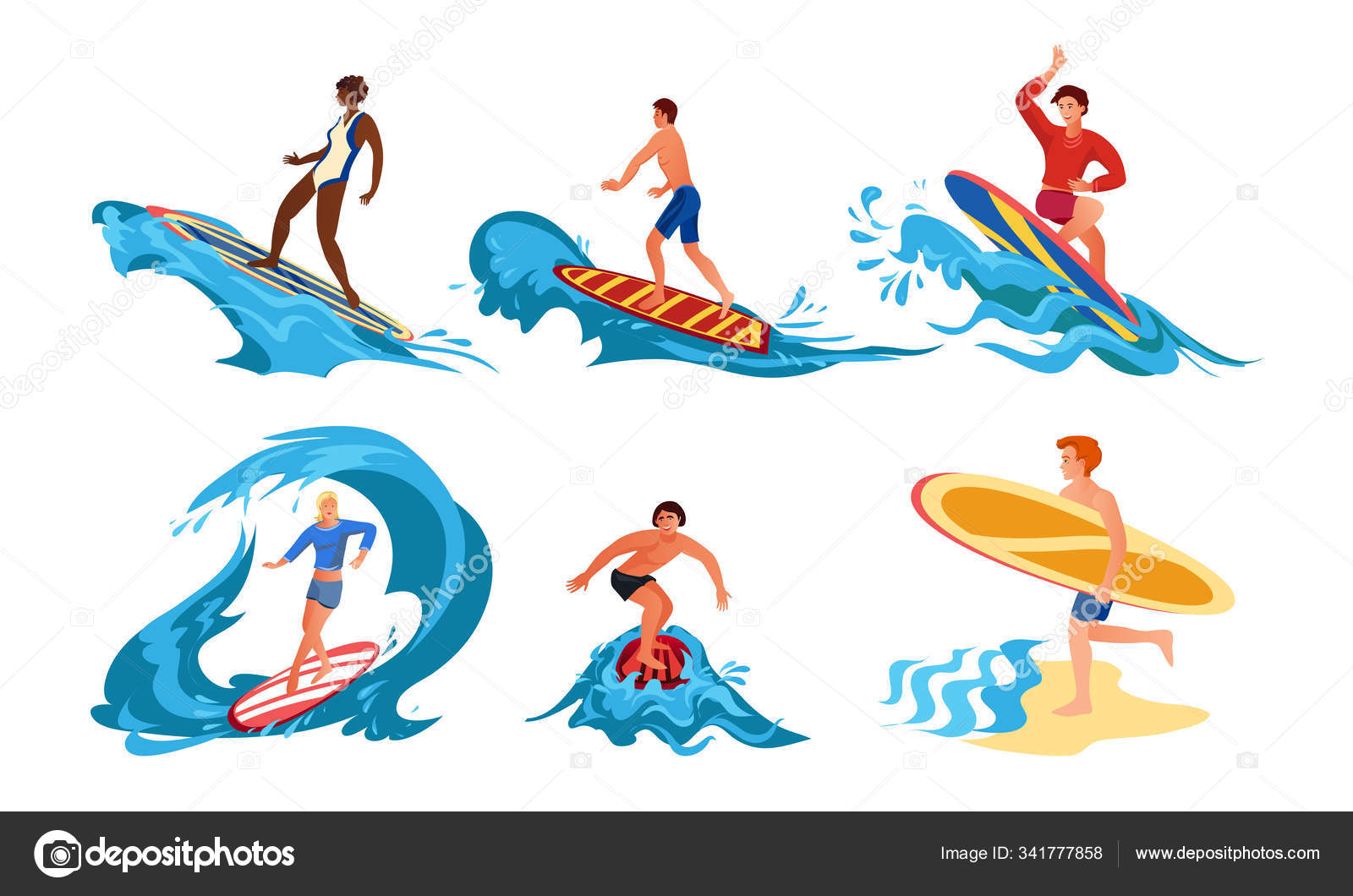 Girls and boys doing water surfing in summer vector illustration Stock ...