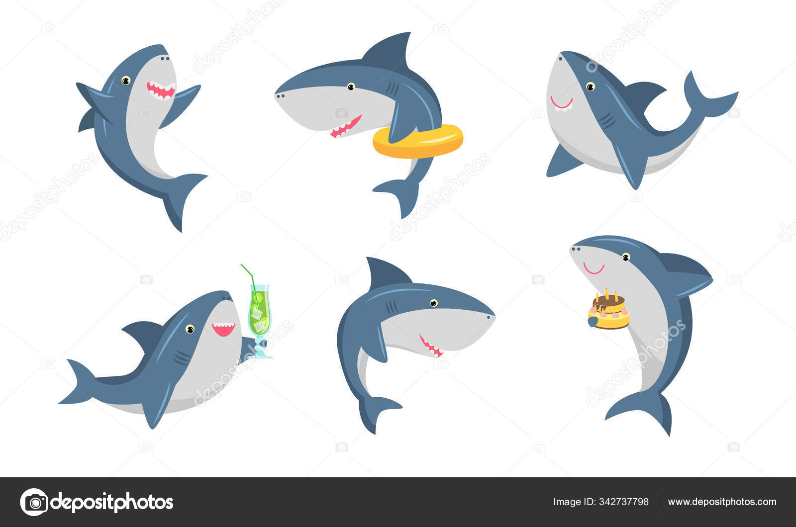 Set of cute humanized shark in different life situations. Vector ...