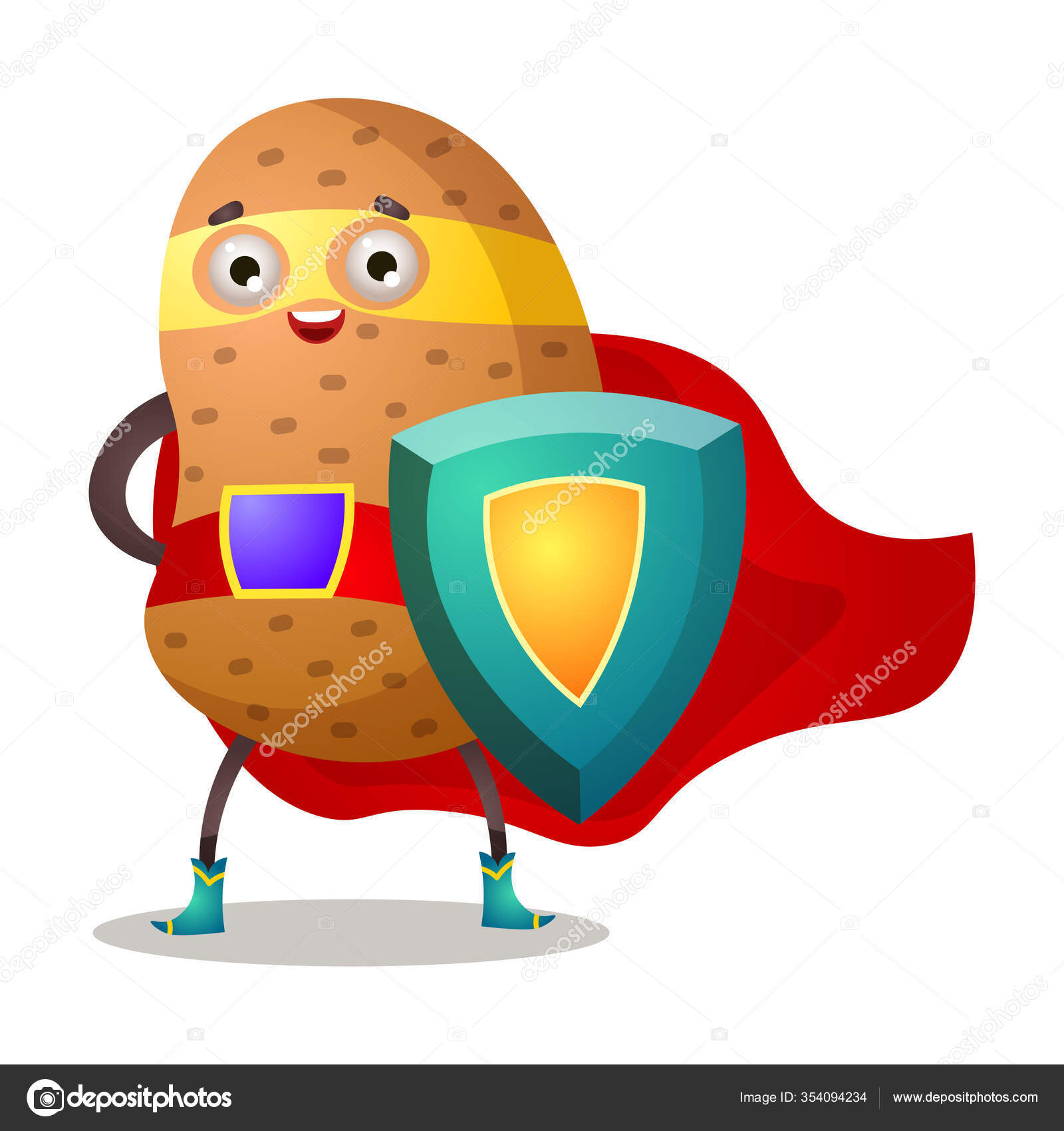 Potato in traditional costume of superhero with shield vector ...