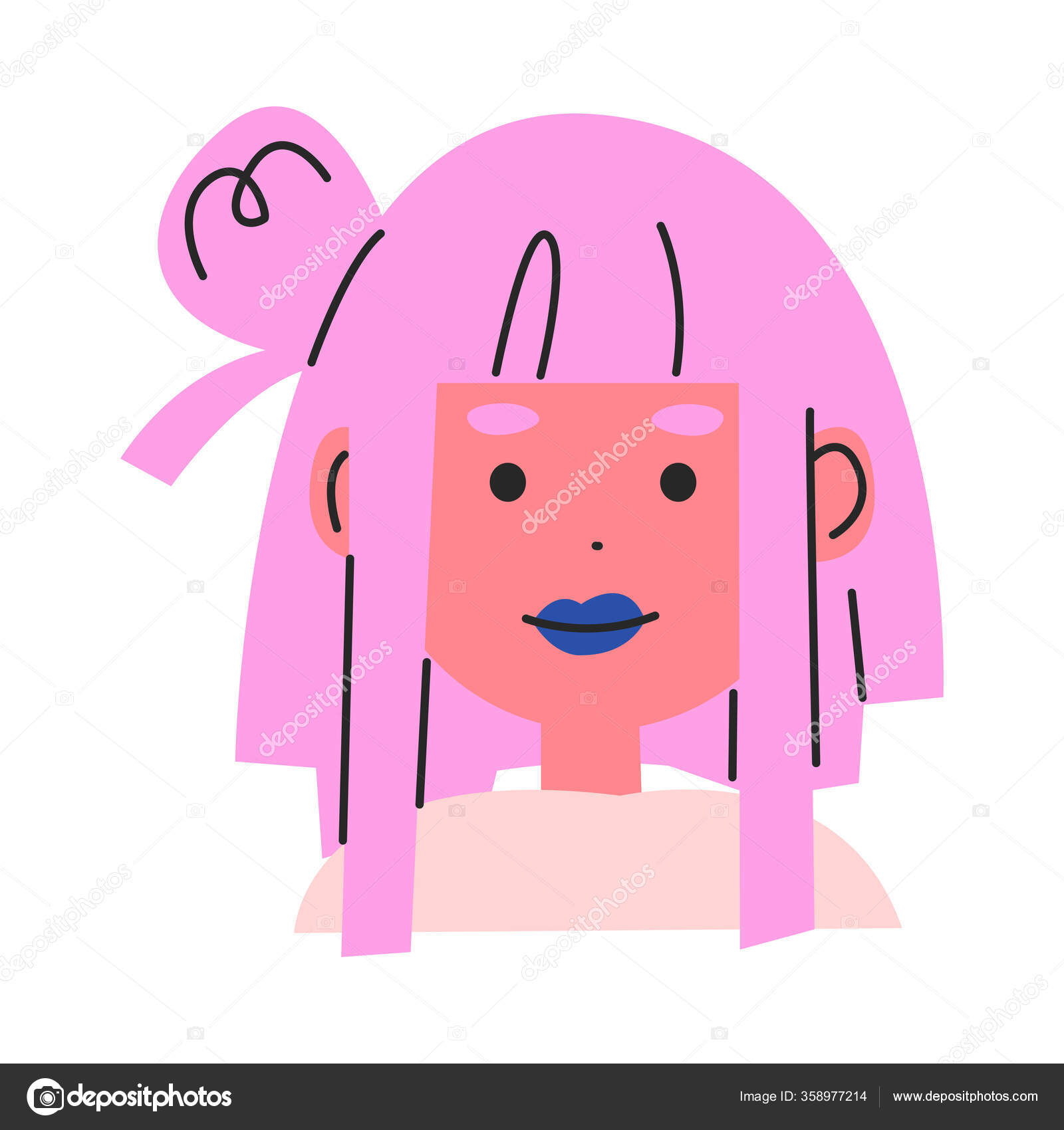 Smiling woman with pink straight hair and blue lips vector illustration ...