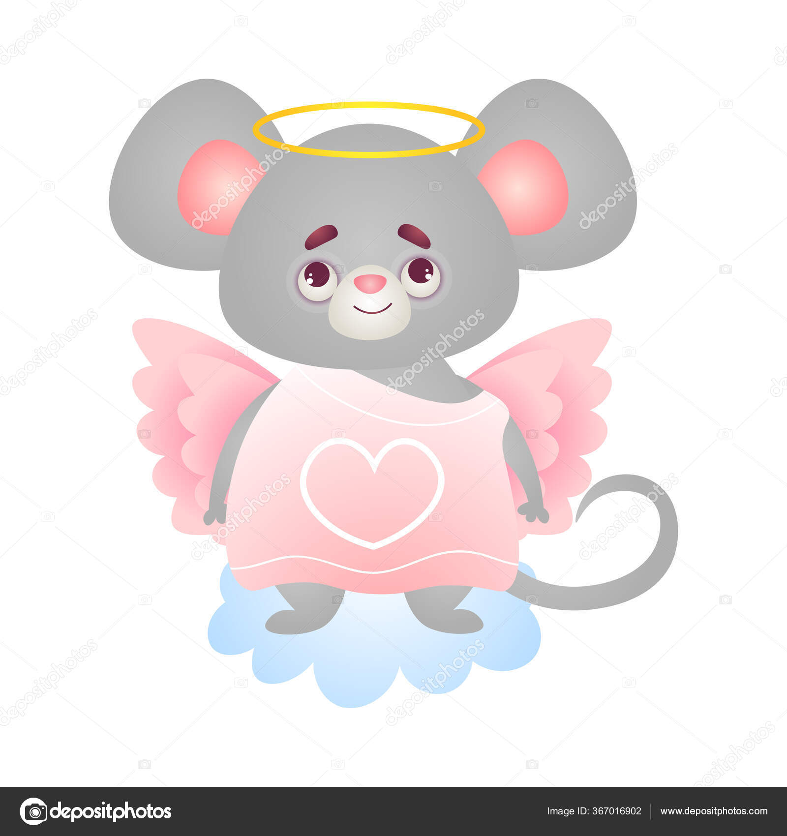 Cute angel mouse stands on cloud in a pink dress with wings. Vector ...