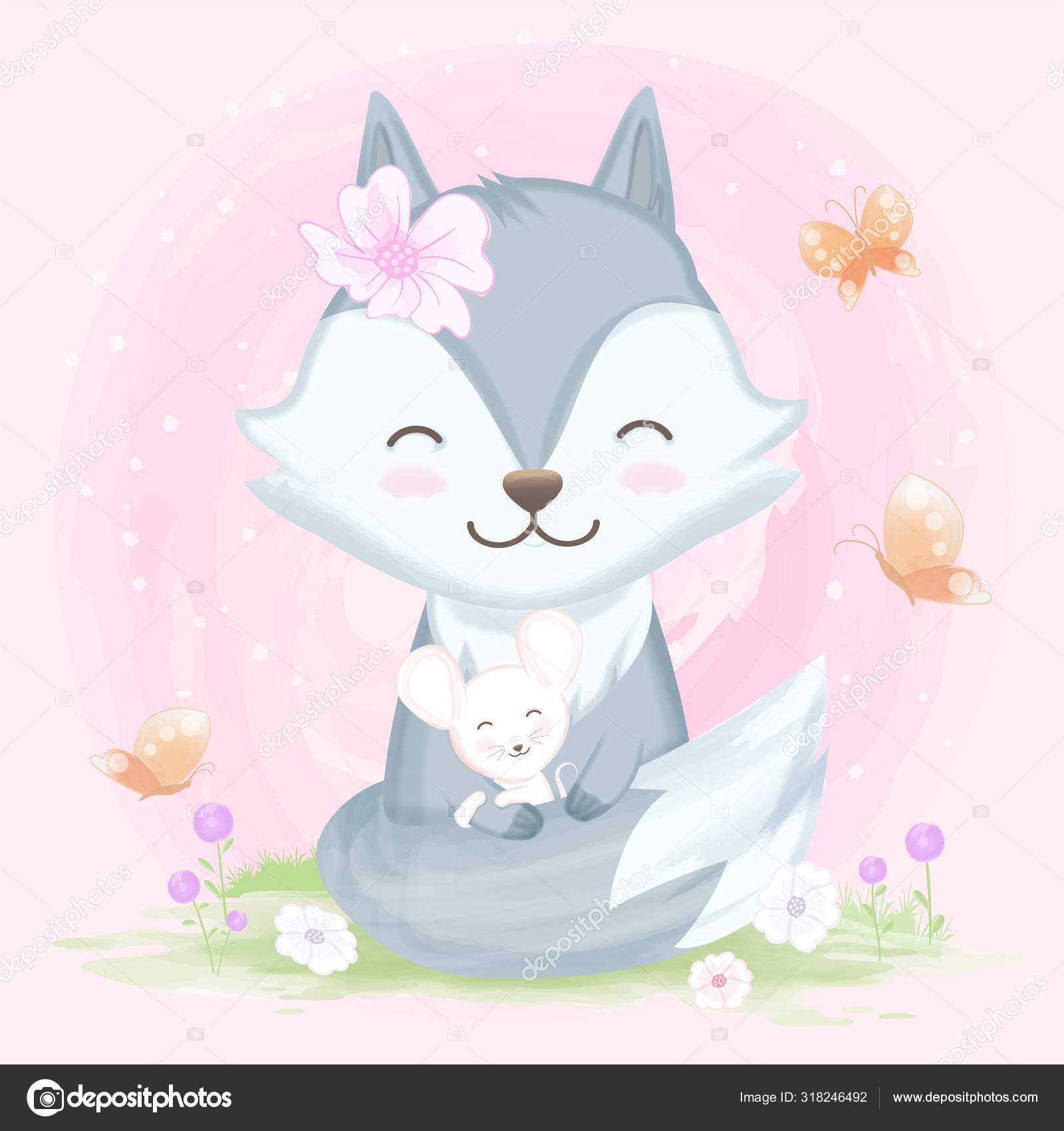 Cute wolf hugging with mouse hand drawn animal illustration Stock ...