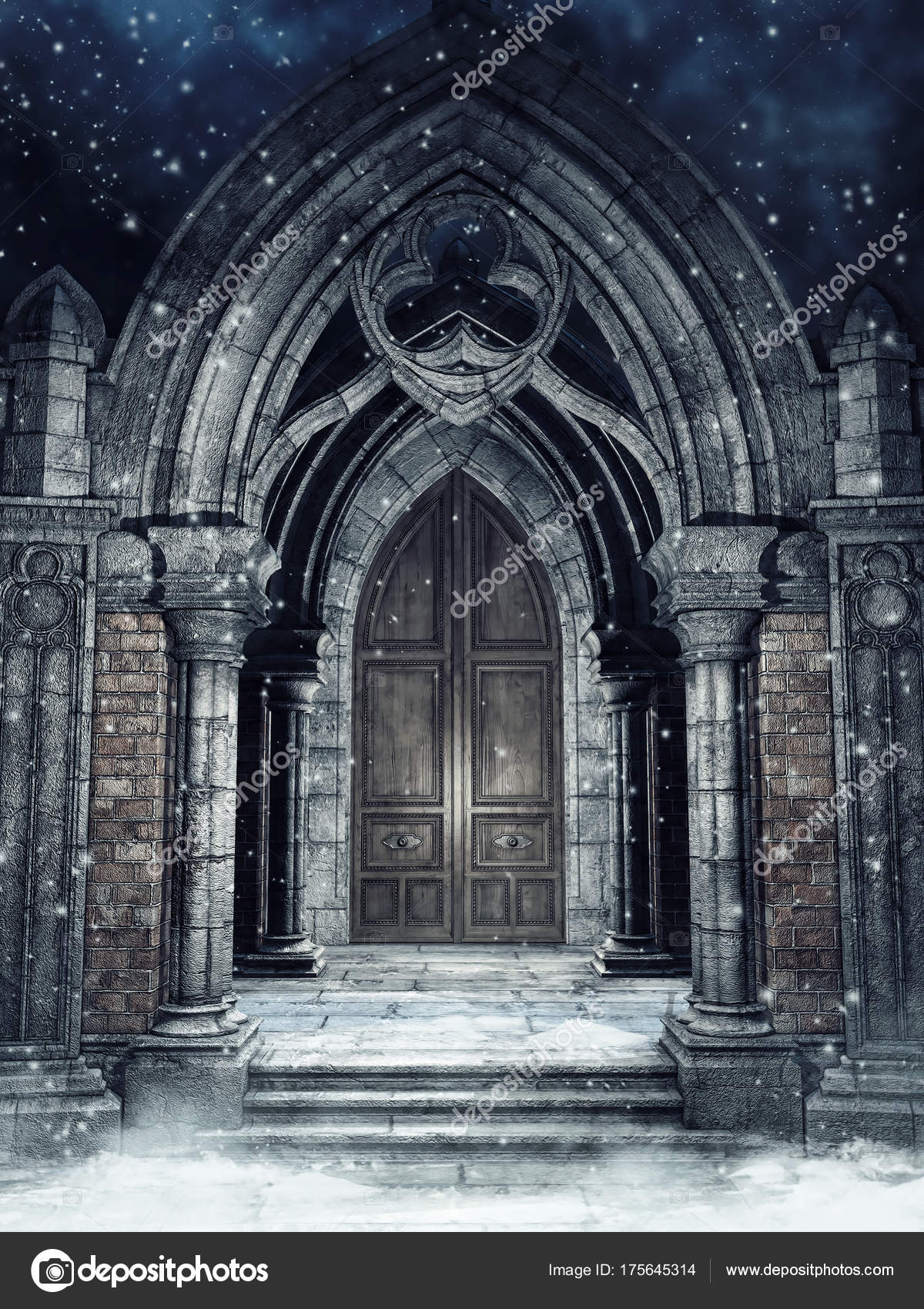 Snowy Scene Stone Gothic Gate Night Stock Photo by ©FairytaleDesign ...