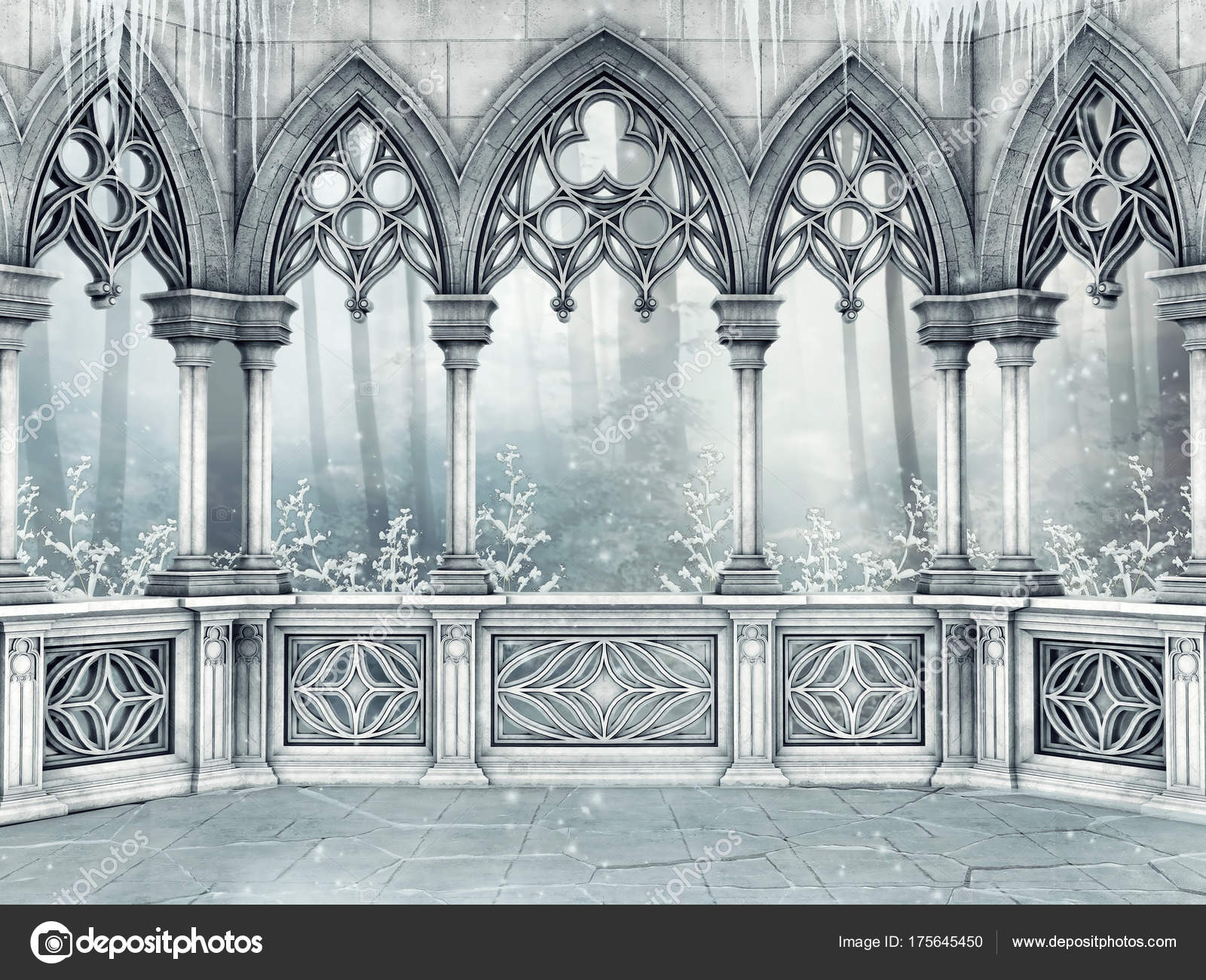 Winter Scene Ornamented Gothic Windows Snowy Shrubs Icicles — Stock ...