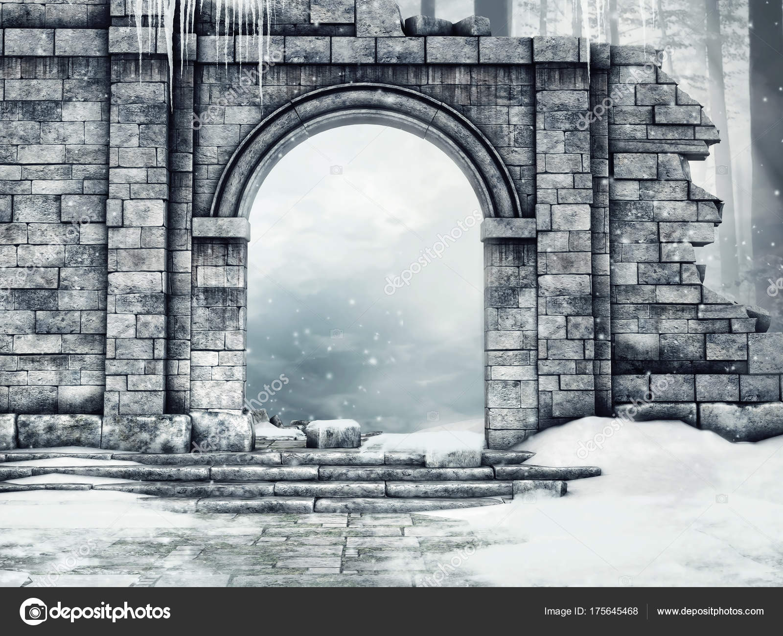 Ruined Castle Gate Snow Icicles Winter Forest — Stock Photo ...