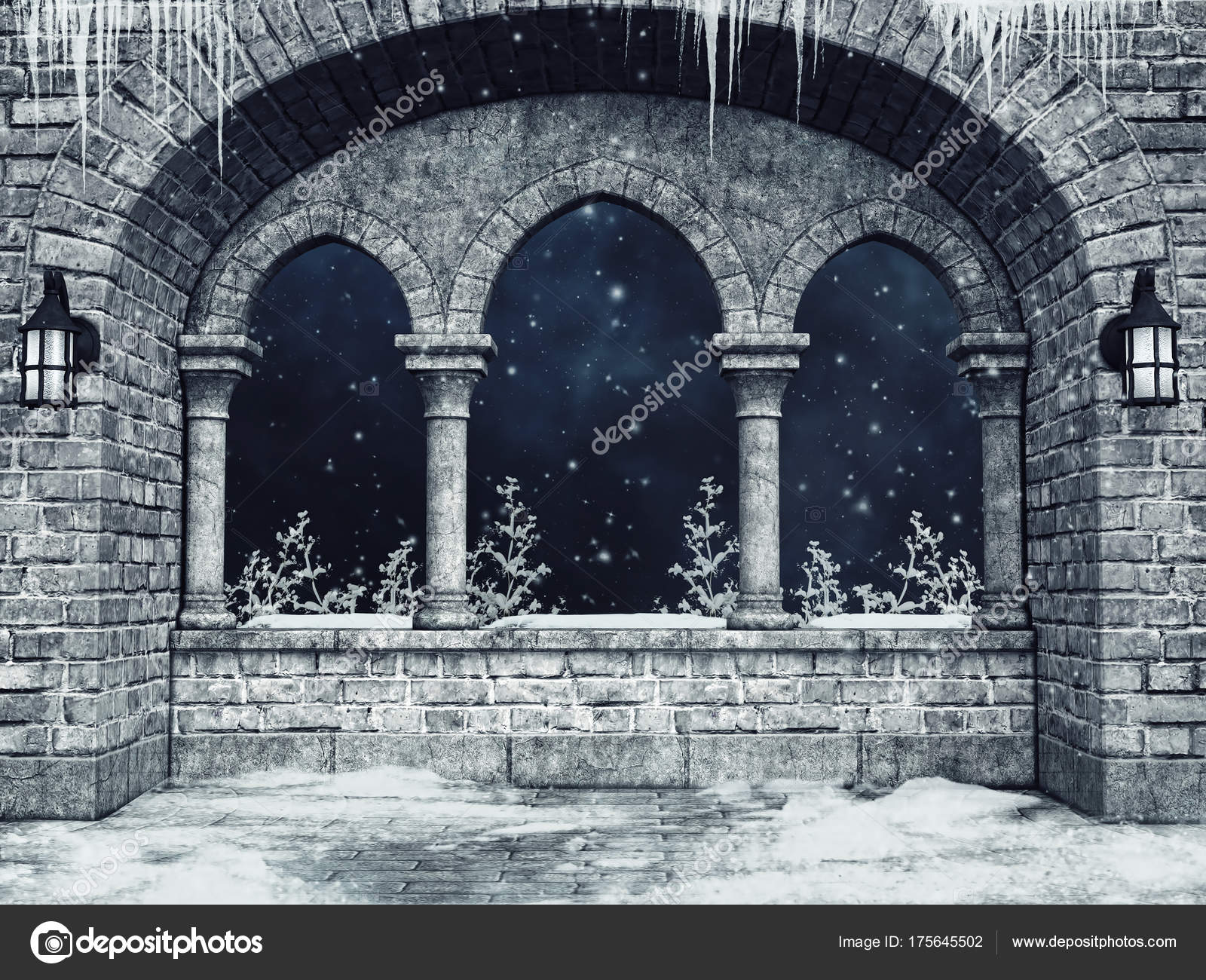 Gothic Castle Window Lanterns Winter Shrubs Icicles — Stock Photo ...