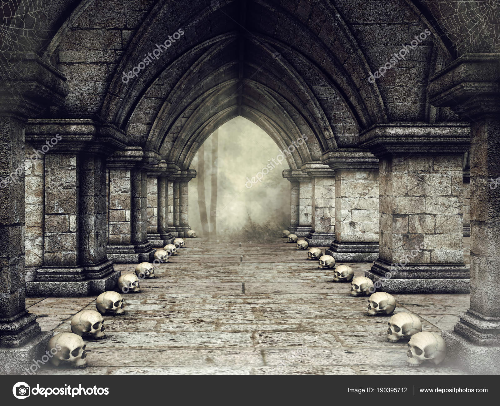 Dark Corridor Gothic Castle Human Skulls Spider Webs Render — Stock ...