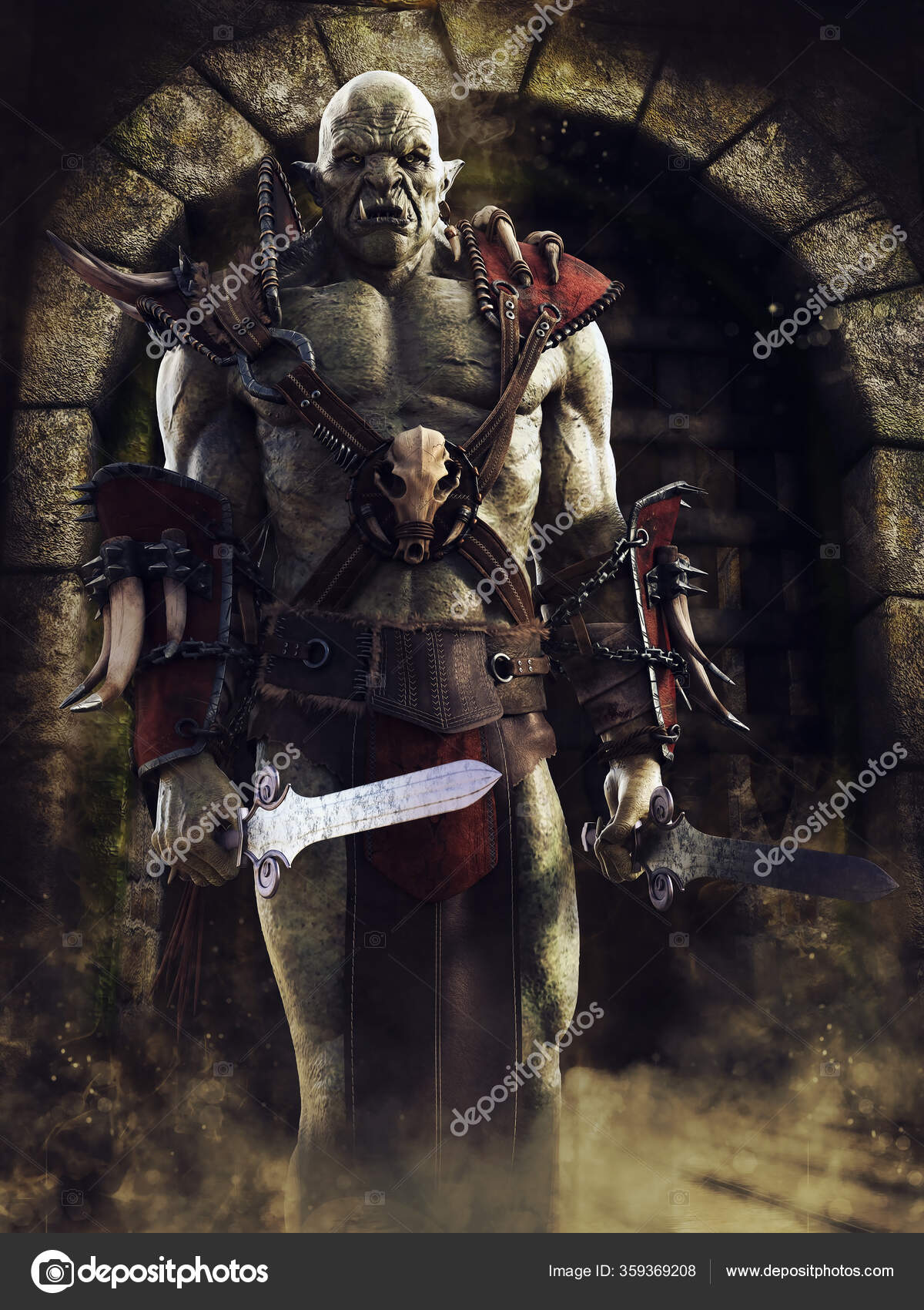 Fantasy Orc Standing Two Swords Front Stone Castle Gate Render Stock ...