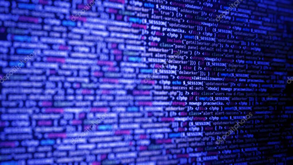 Concepto de desarrollador de software. Código de aplicación azul en la ...