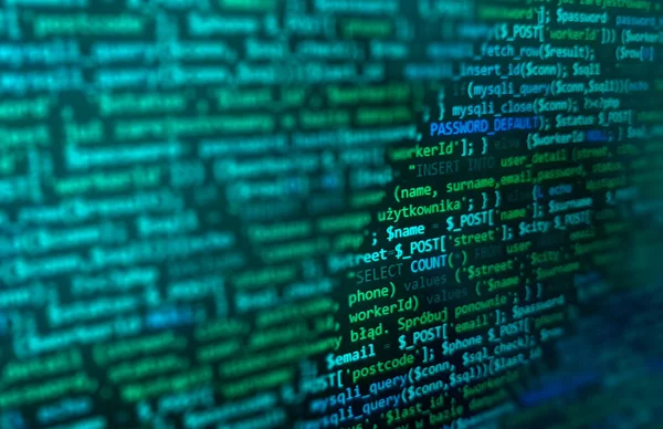 Programming code on monitor screen. Developer work. Abstract background for search job. HTML ...