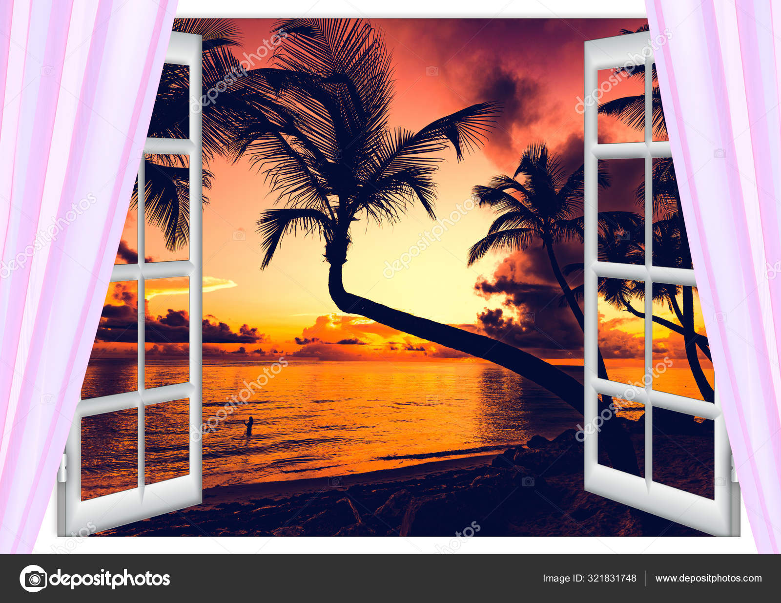 Open window with sea sunset view Stock Photo by ©db-rus 321831748