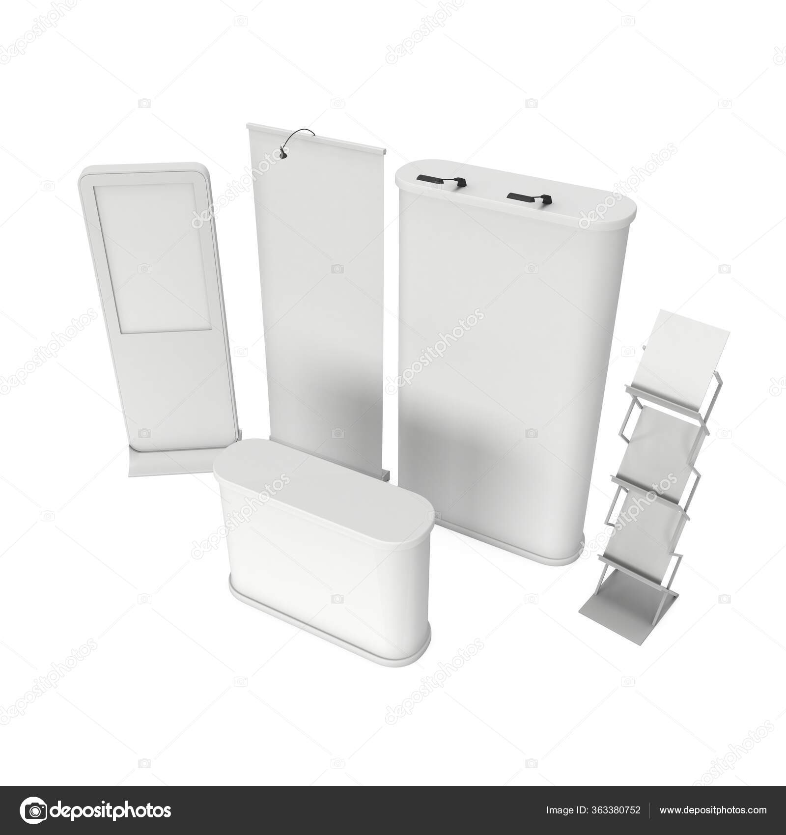 LCD Screen Floor Stand with Roll-Up Pop-Up and reception desk. Stock ...