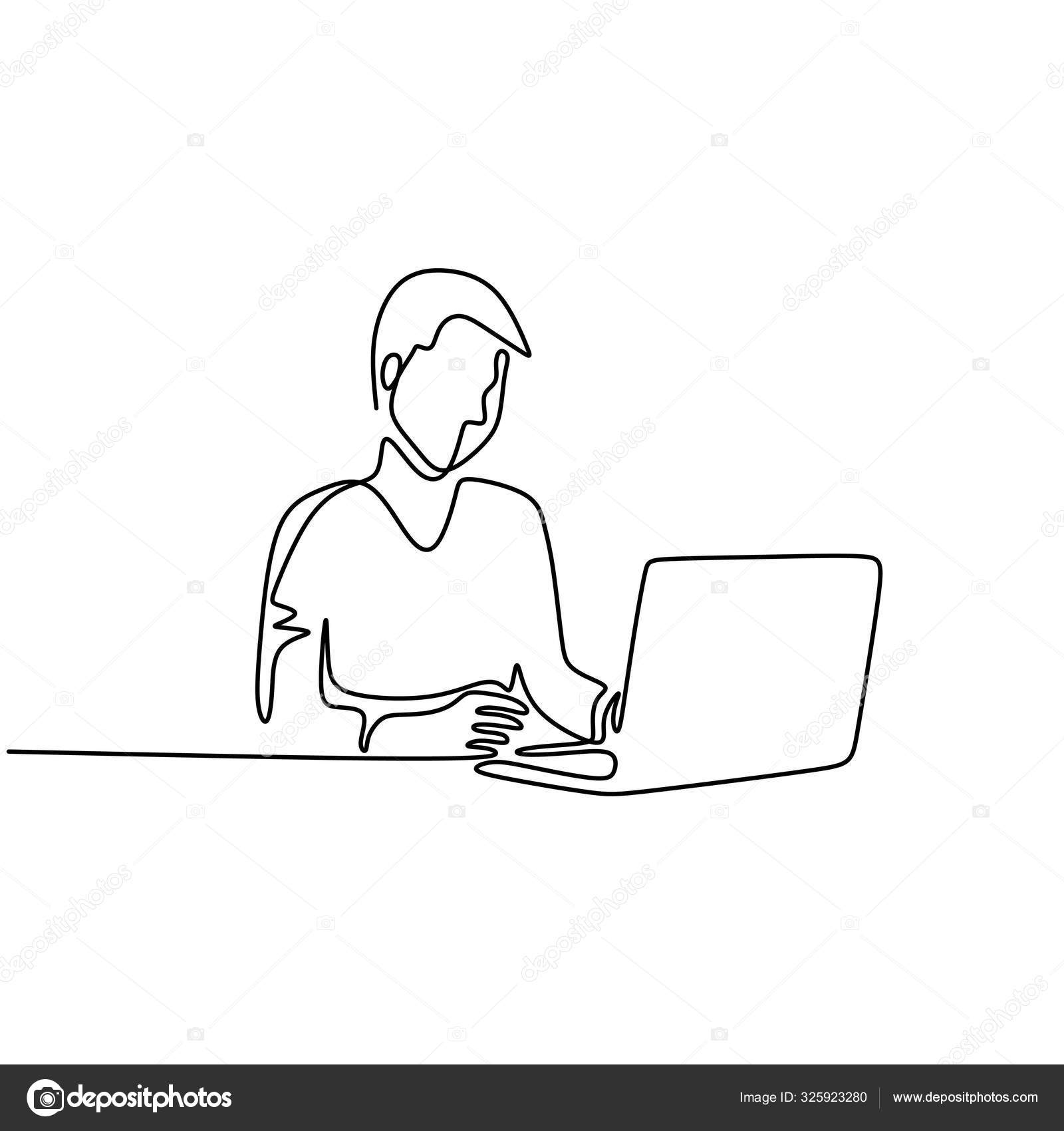 En linje tegning af mand, der arbejder med bærbare computer vektor ...