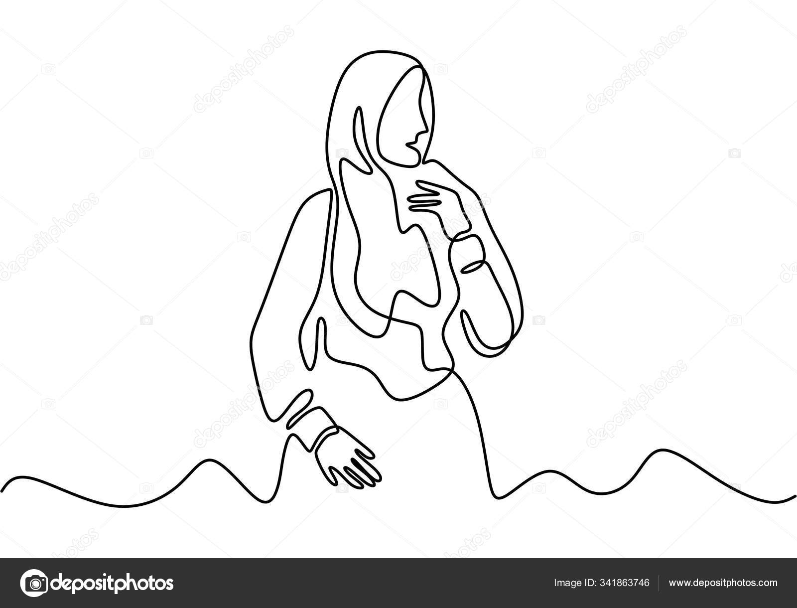 Continuous one line drawing of hijab girl. Woman wearing islamic scarf ...