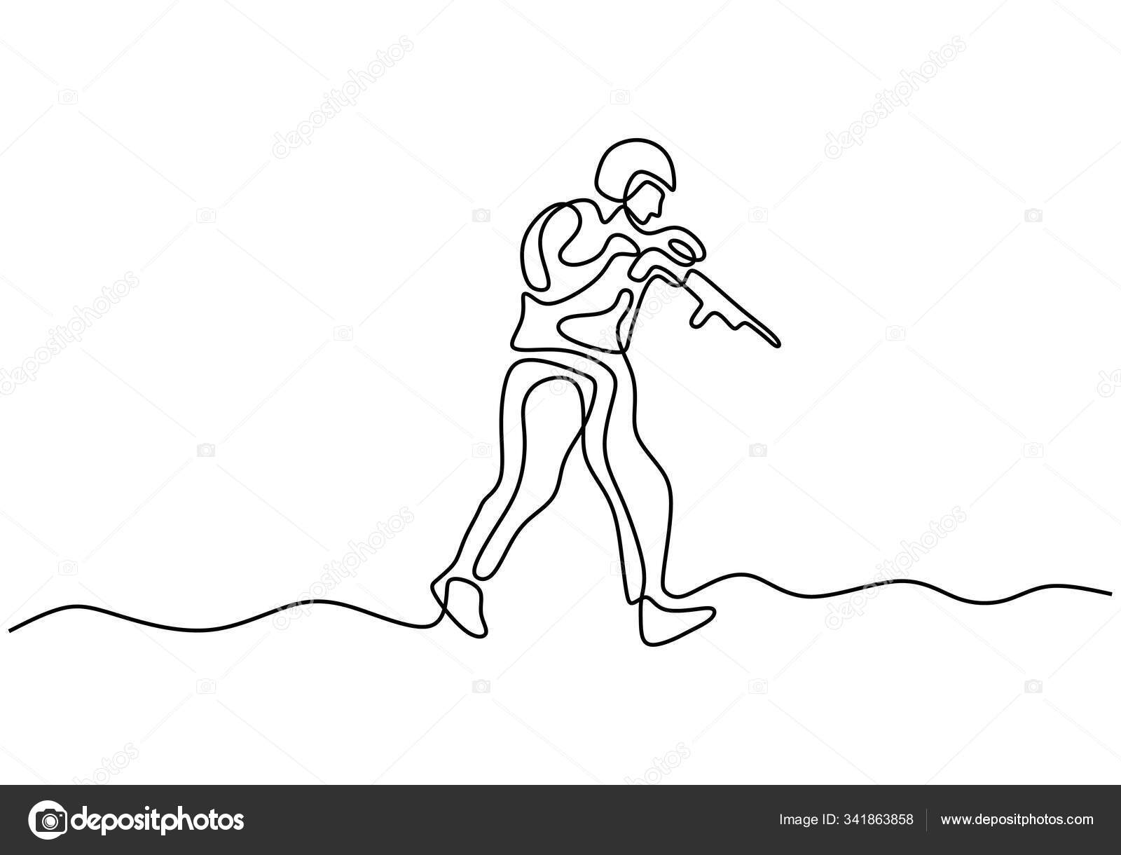 Soldier one line drawing. Portrait of army man with uniform and rifle ...