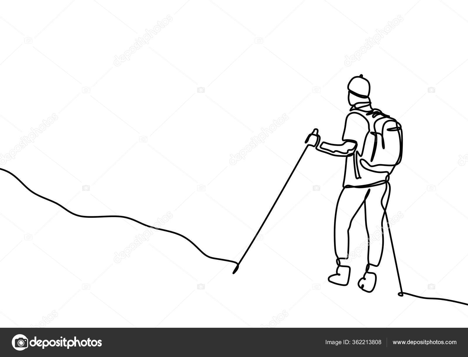 Caminante Caminando Con Palo Dibujo Continuo Una Línea Ilustración ...