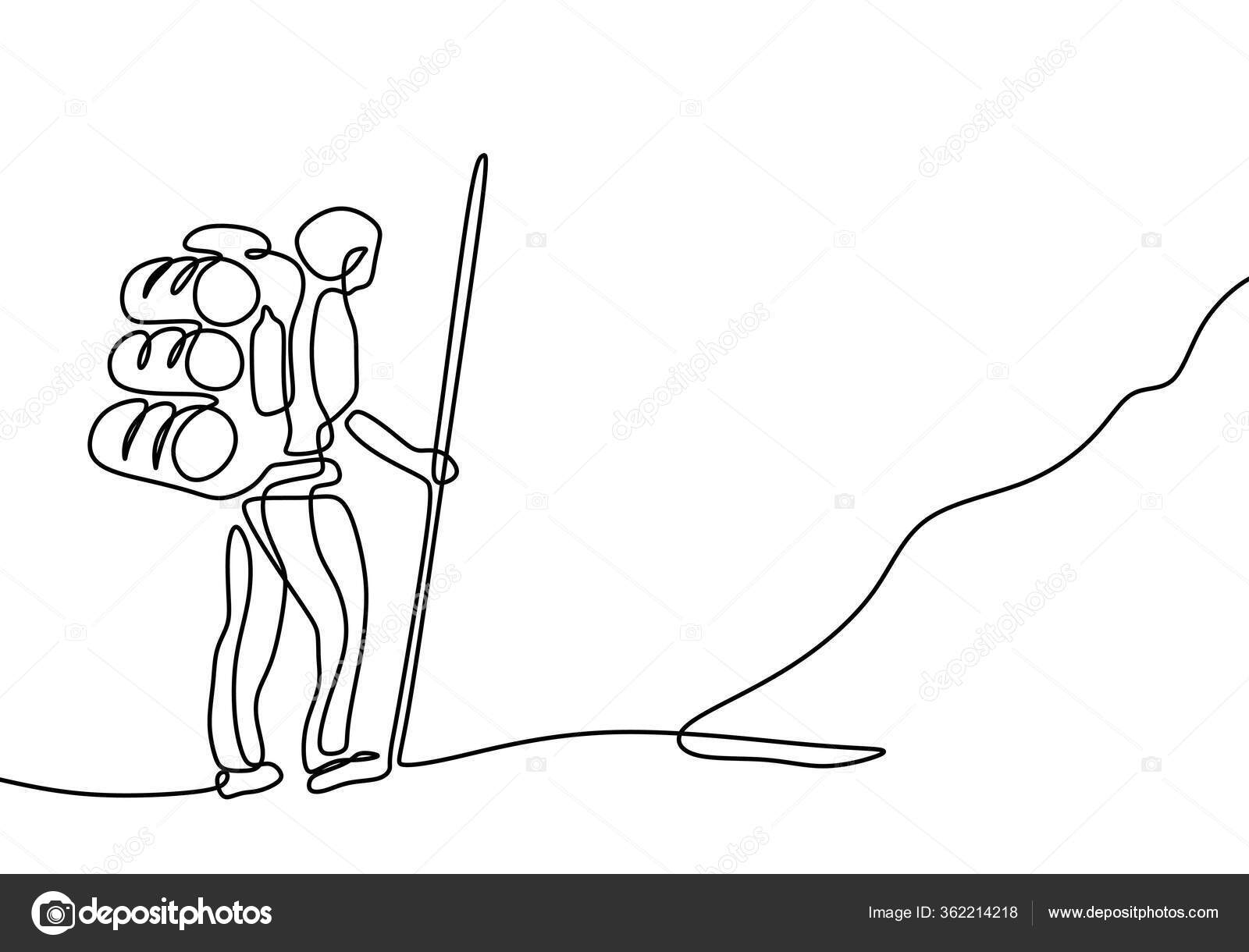One Line Drawing Hiker Backpack Continuous Hand Drawn Person Doing ...